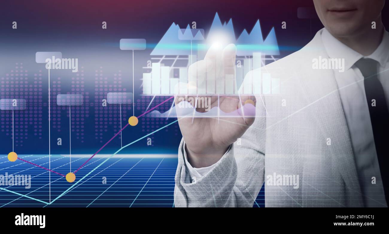 Forex trading. Man using virtual screen, double exposure Stock Photo ...