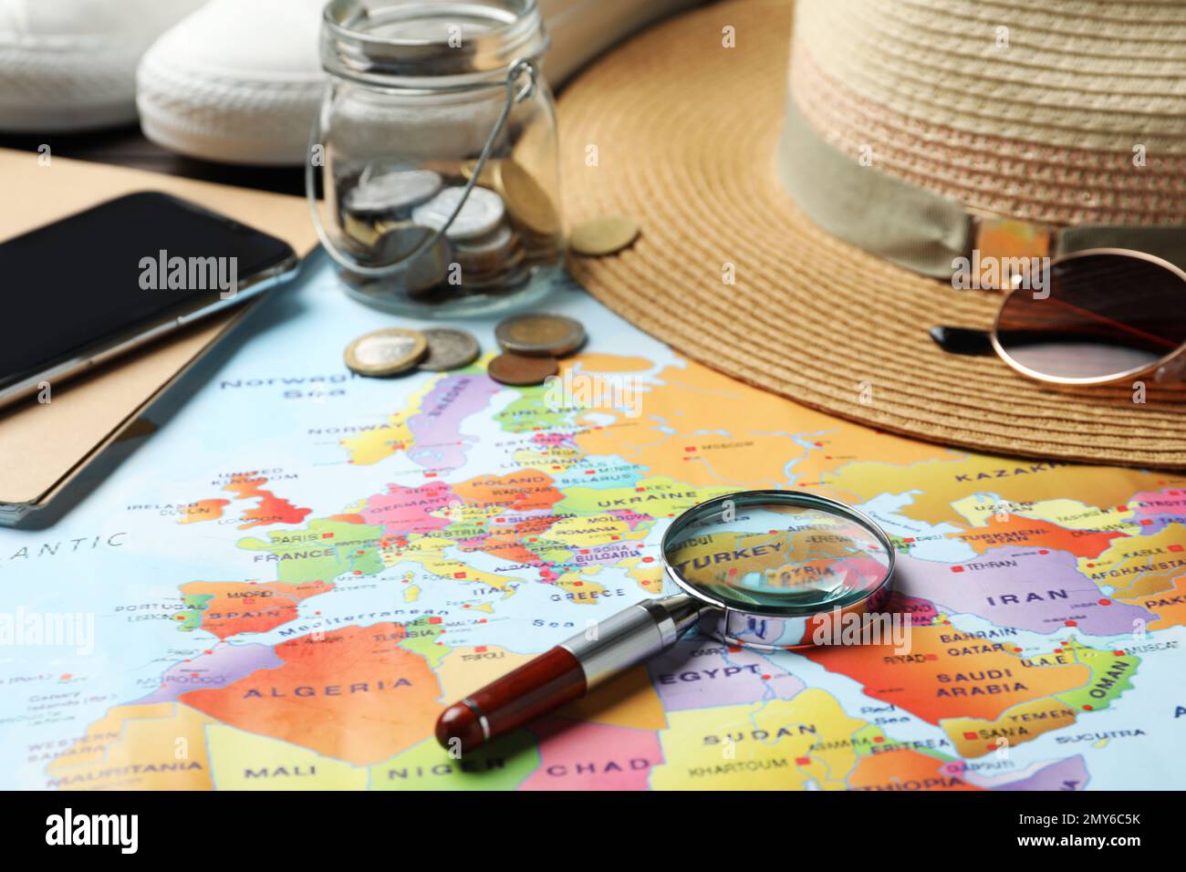 Different items on world map. Travel during summer vacation Stock Photo ...