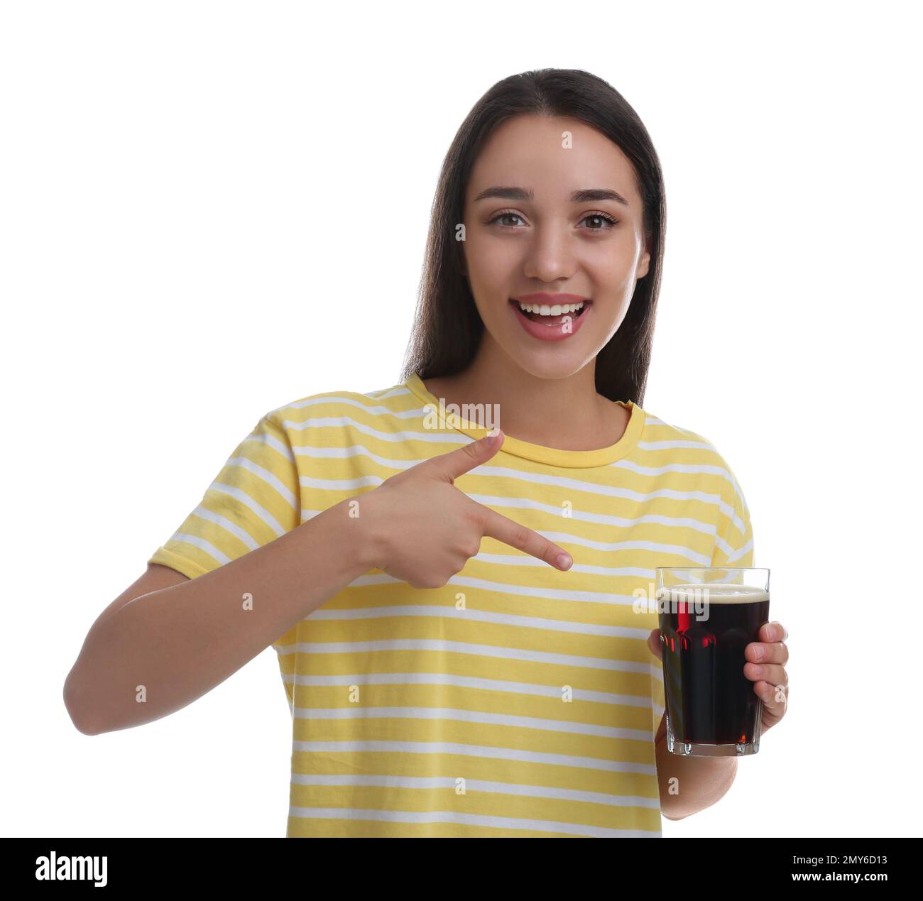 Beautiful woman with cold kvass on white background. Traditional ...