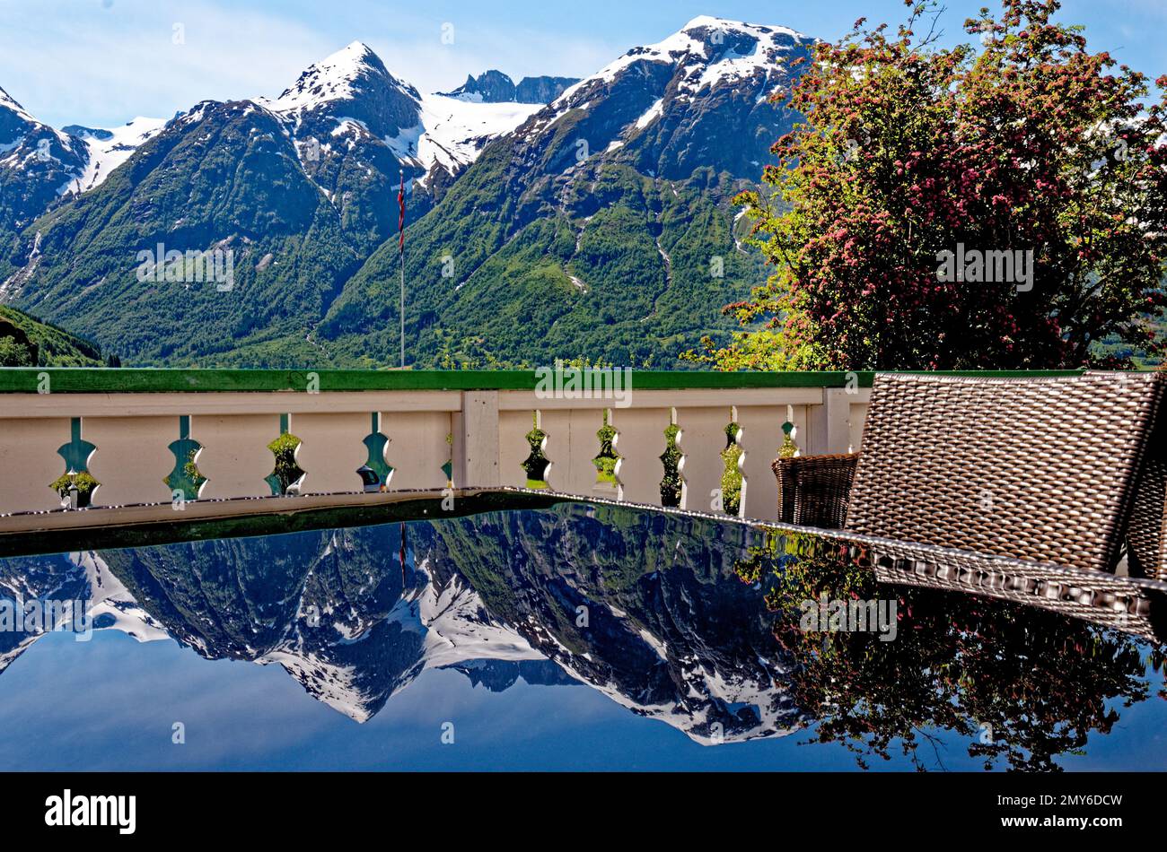 Travel destination - Reflexion in a glass table of beautiful landscape ...