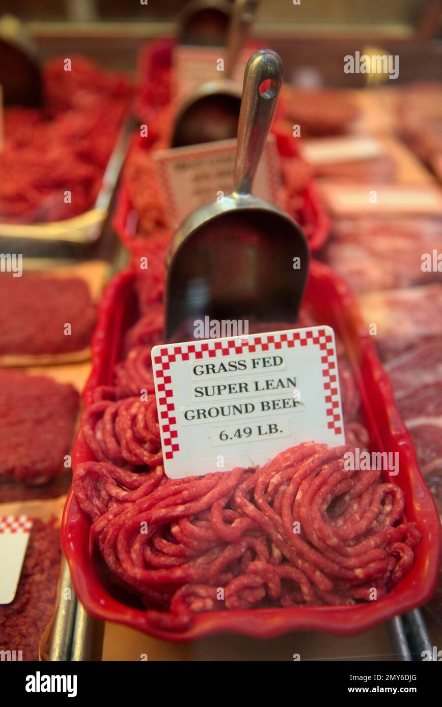Grass-fed lean ground beef is displayed for sale at a butcher shop in ...