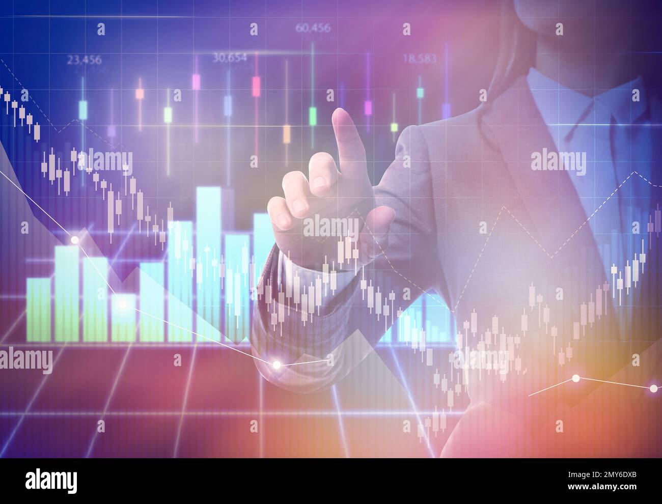 Forex trading. Woman using virtual screen, double exposure Stock Photo ...