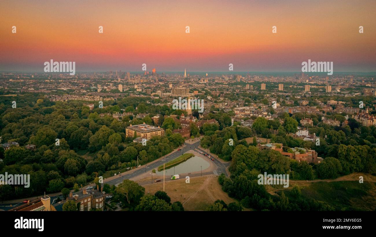 An aerial view of the Whitestone Walk, Hampstead with tall buildings ...