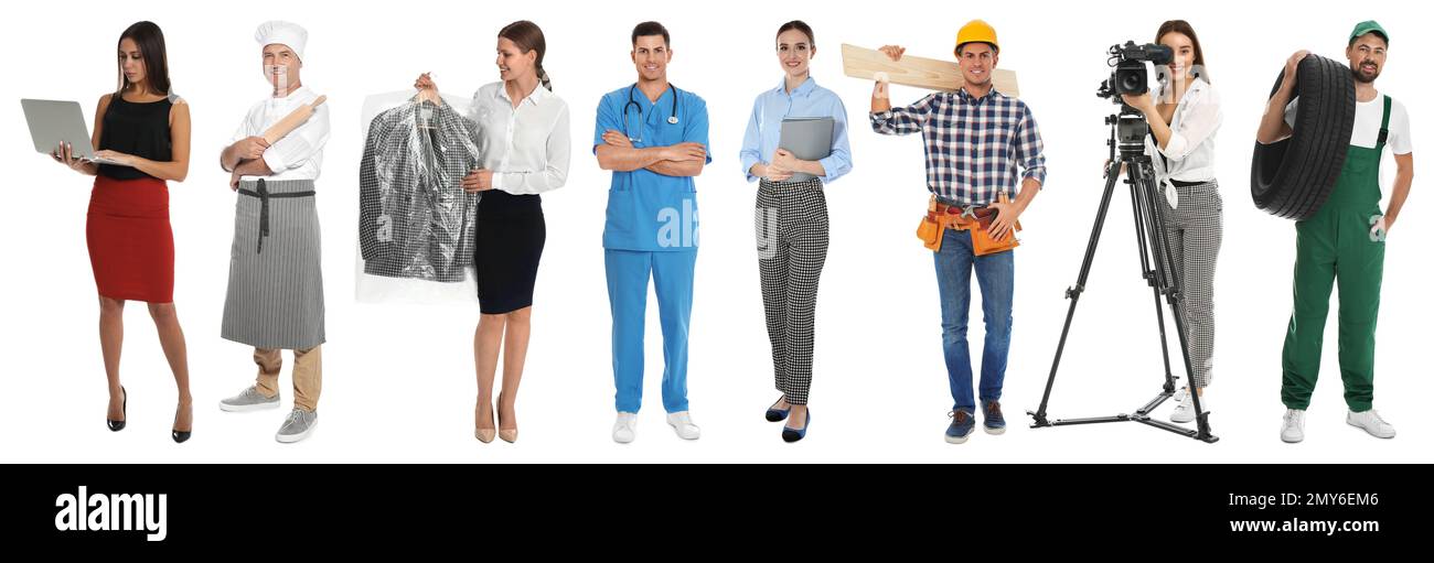 Collage with people of different professions on white background ...