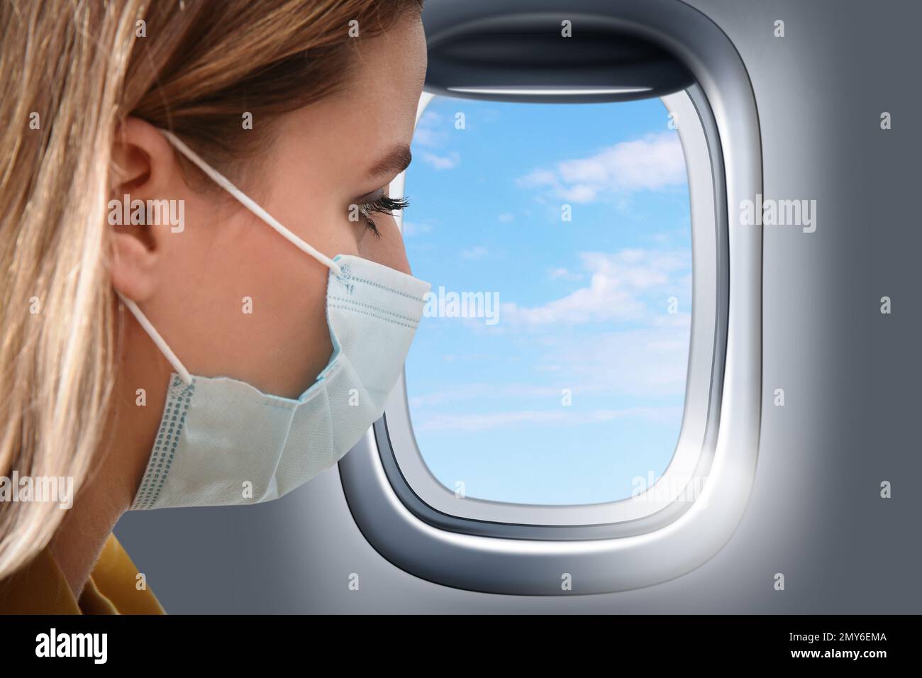 Traveling by airplane during coronavirus pandemic. Woman with face mask ...