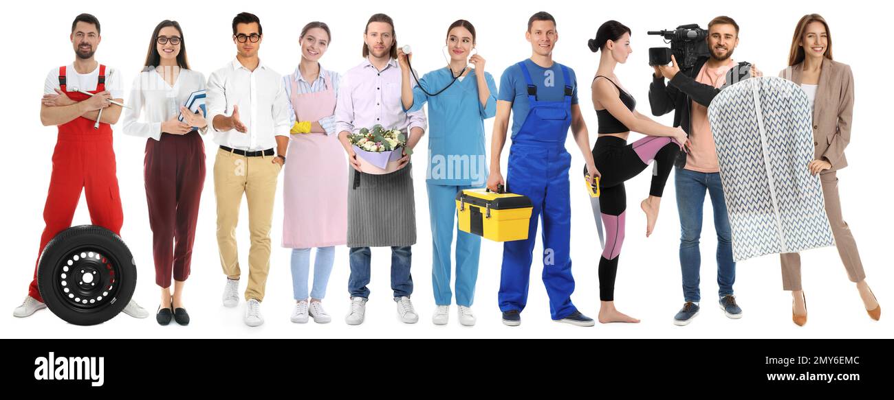 Collage with people of different professions on white background ...