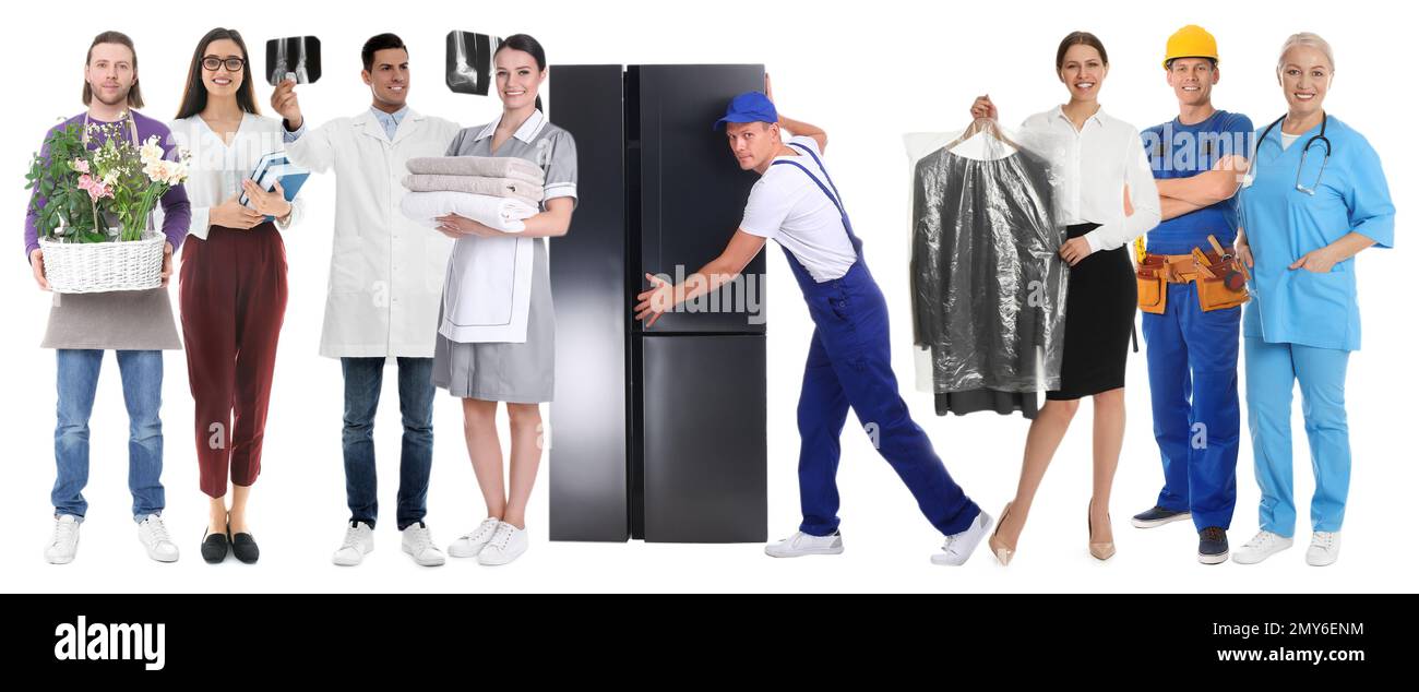 Collage with people of different professions on white background ...