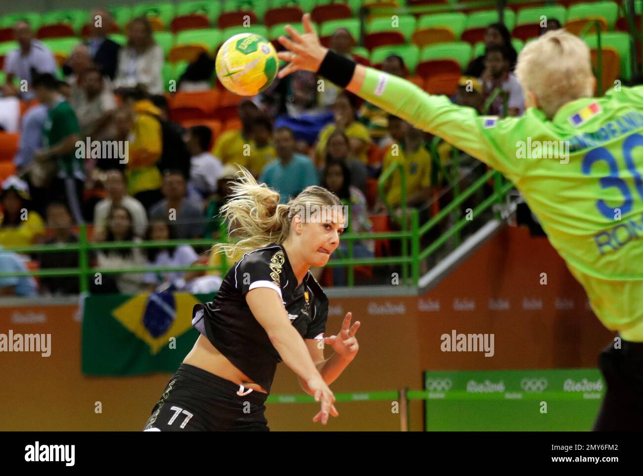Montenegro's Majda Mehmedovic shoots but is stopped by Romania's ...