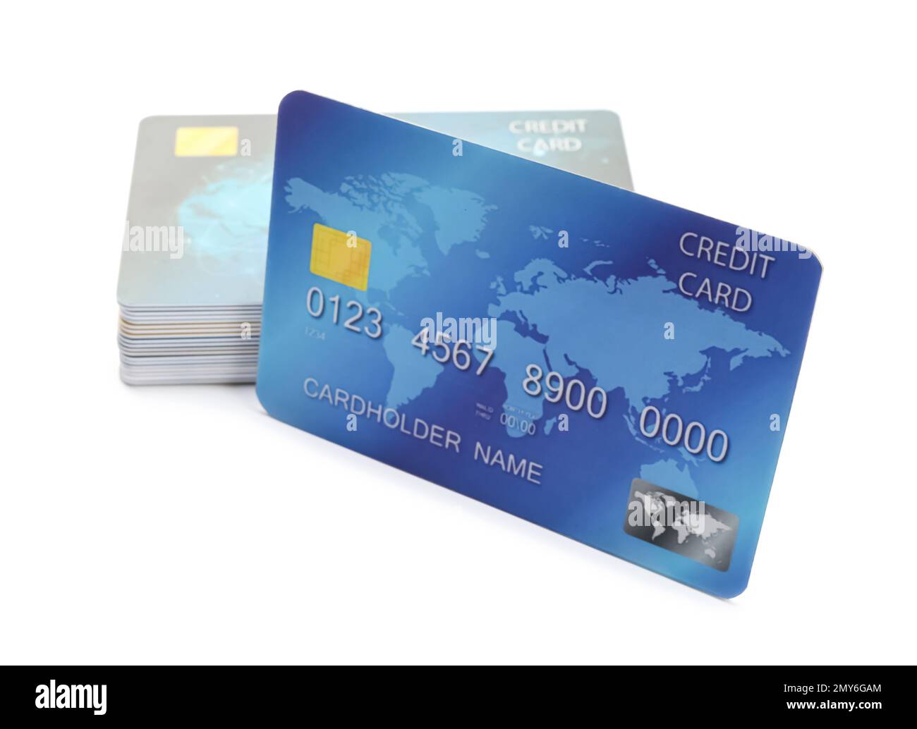 Blue plastic credit cards on white background Stock Photo - Alamy