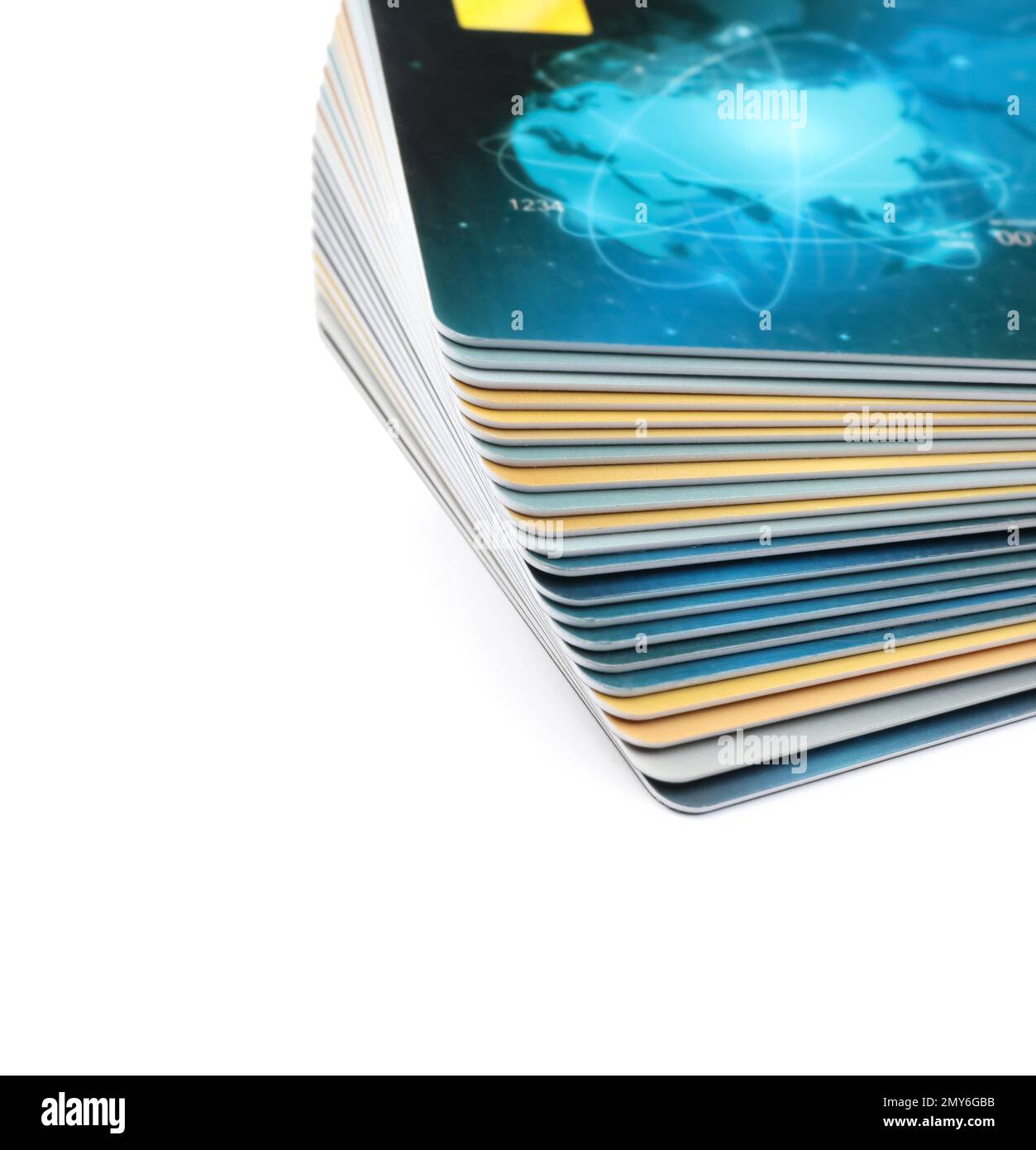 Stack of plastic credit cards on white background, closeup Stock Photo ...