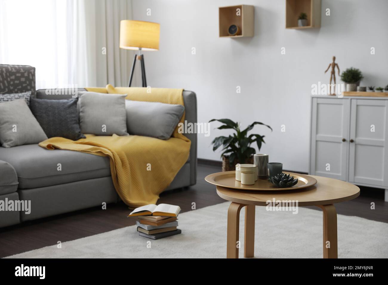 Elegant living room with comfortable sofa near window. Interior design ...