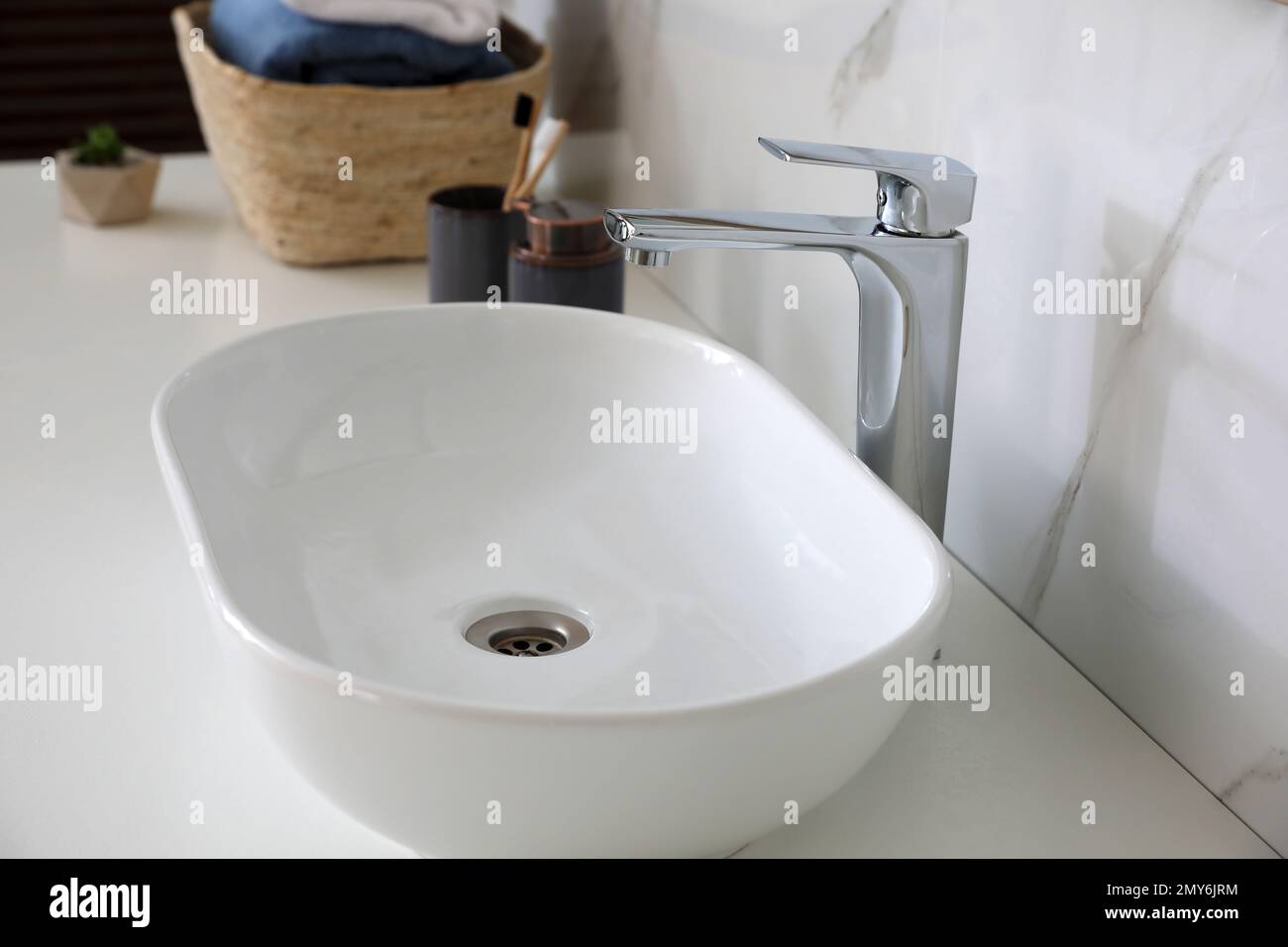 Stylish vessel sink on bathroom counter. Interior design Stock Photo ...