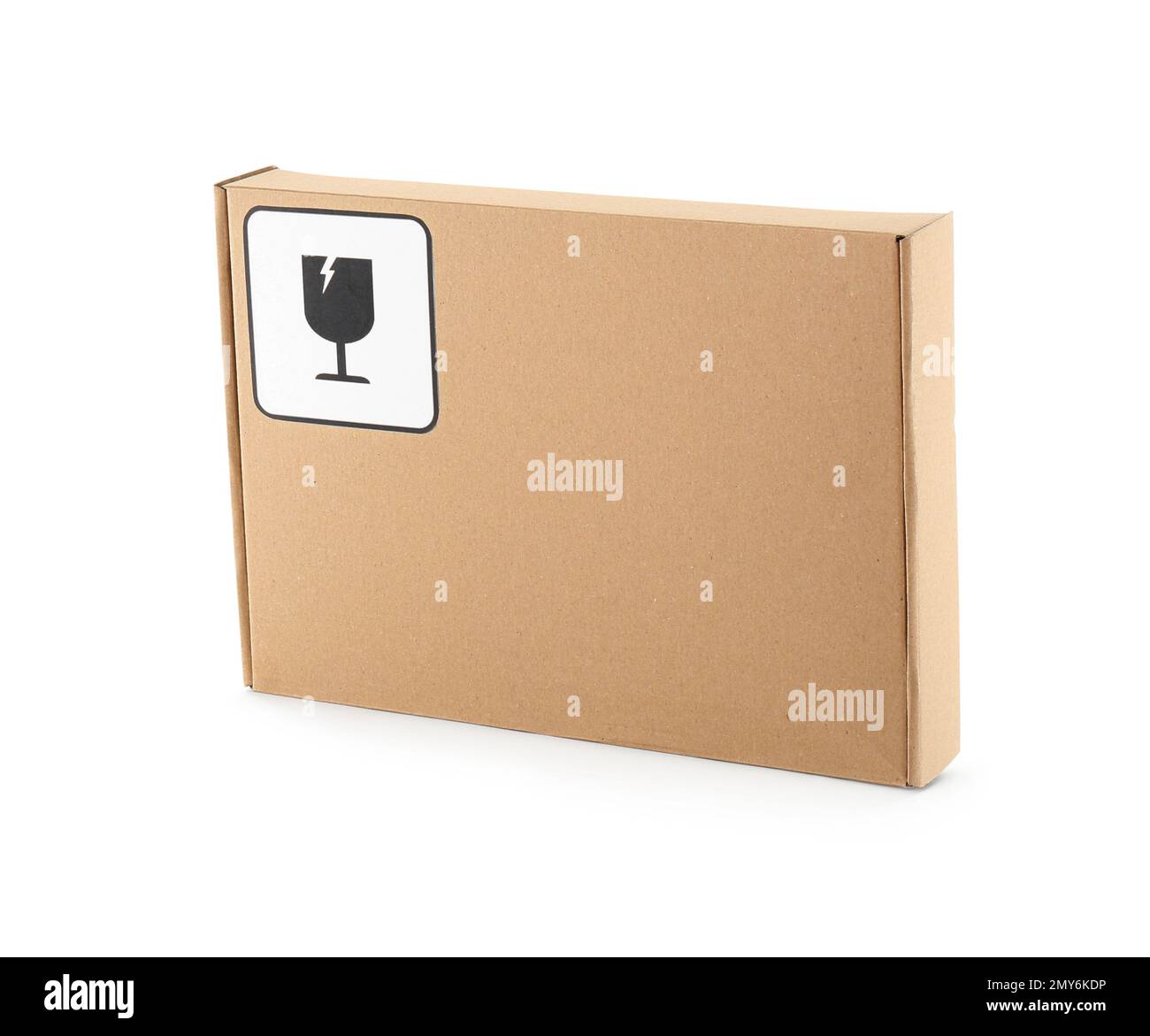 Cardboard box with packaging symbol isolated on white. Parcel delivery ...
