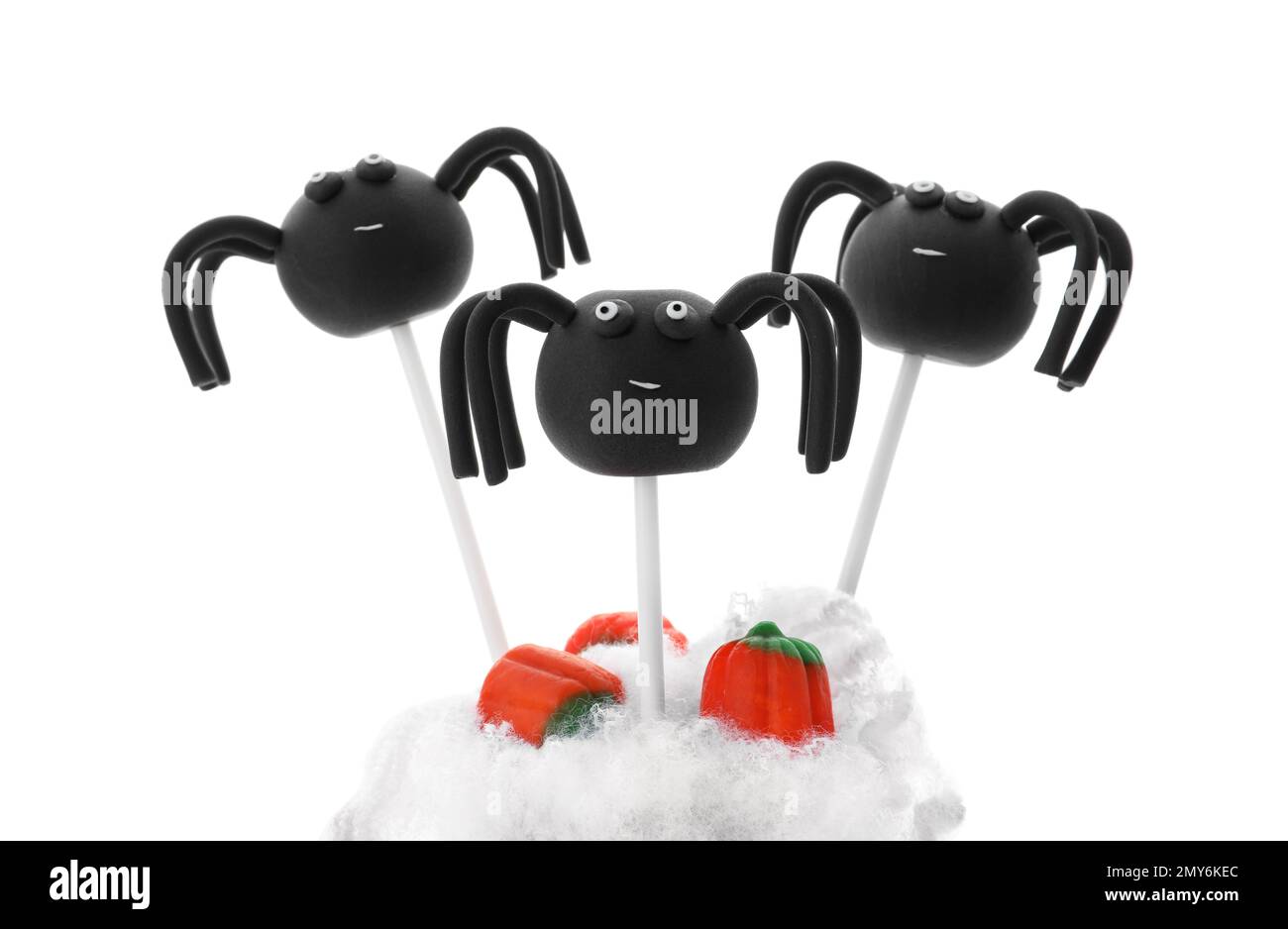 Delicious spider cake pops on white background. Halloween season Stock ...