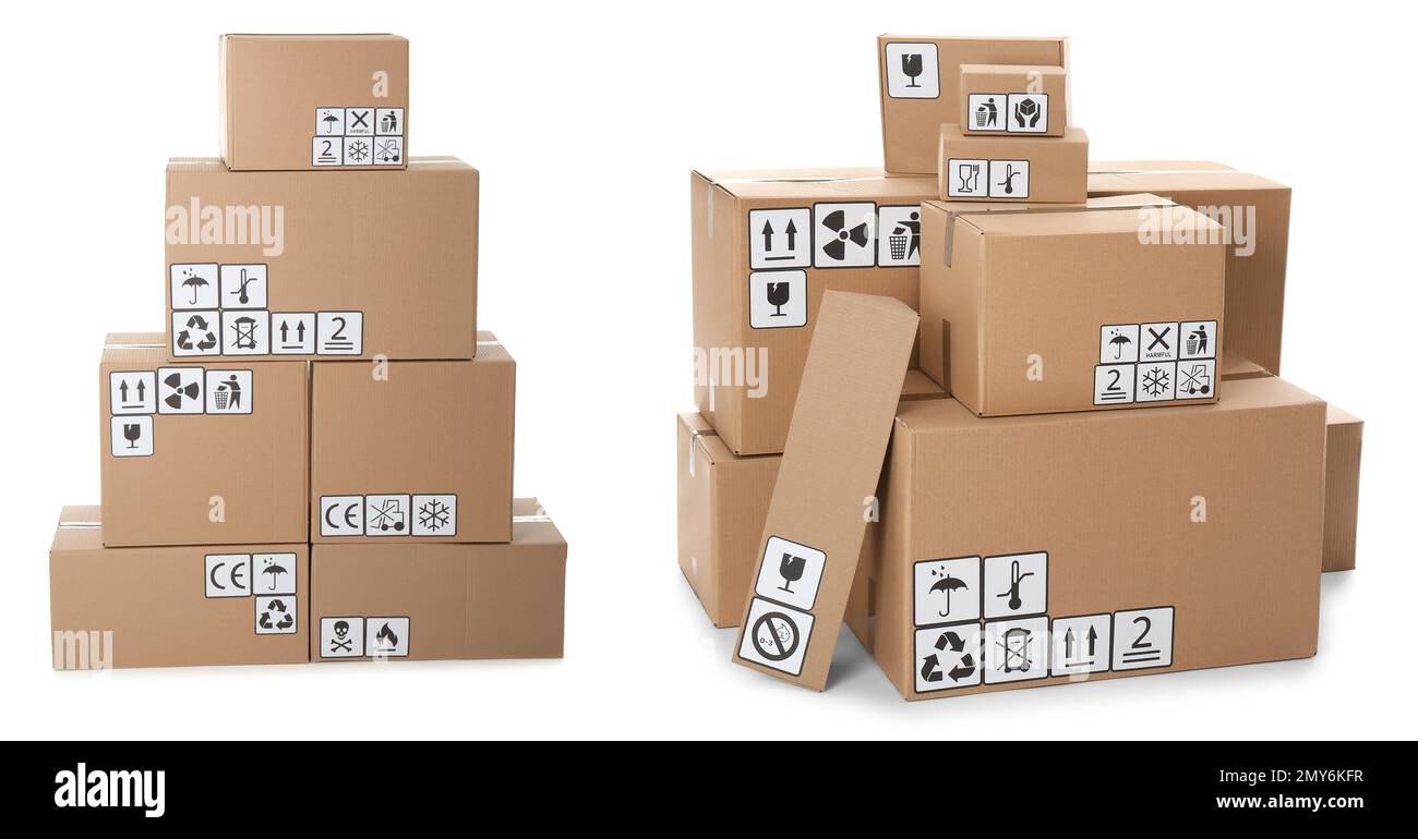 Set of cardboard boxes with packaging symbols on white background ...