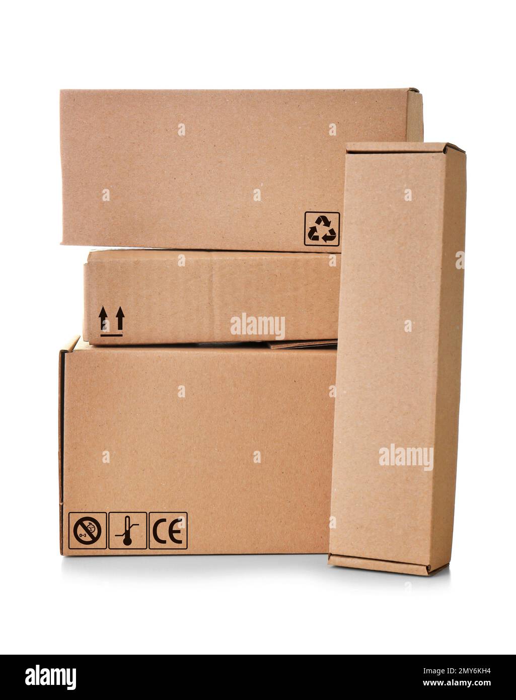 Parcel delivery. Cardboard boxes with different packaging symbols on ...