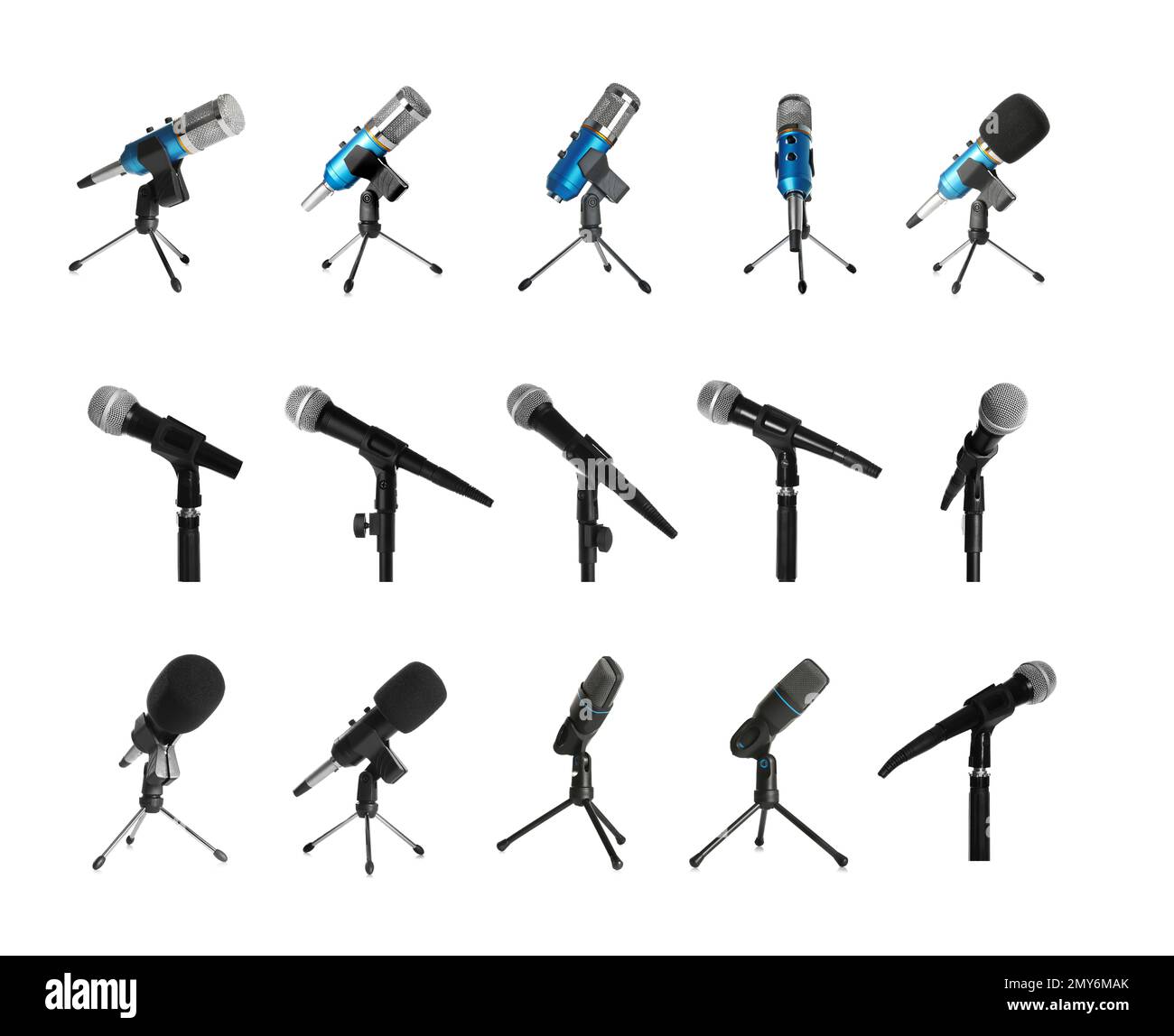 Set of different microphones on white background Stock Photo - Alamy