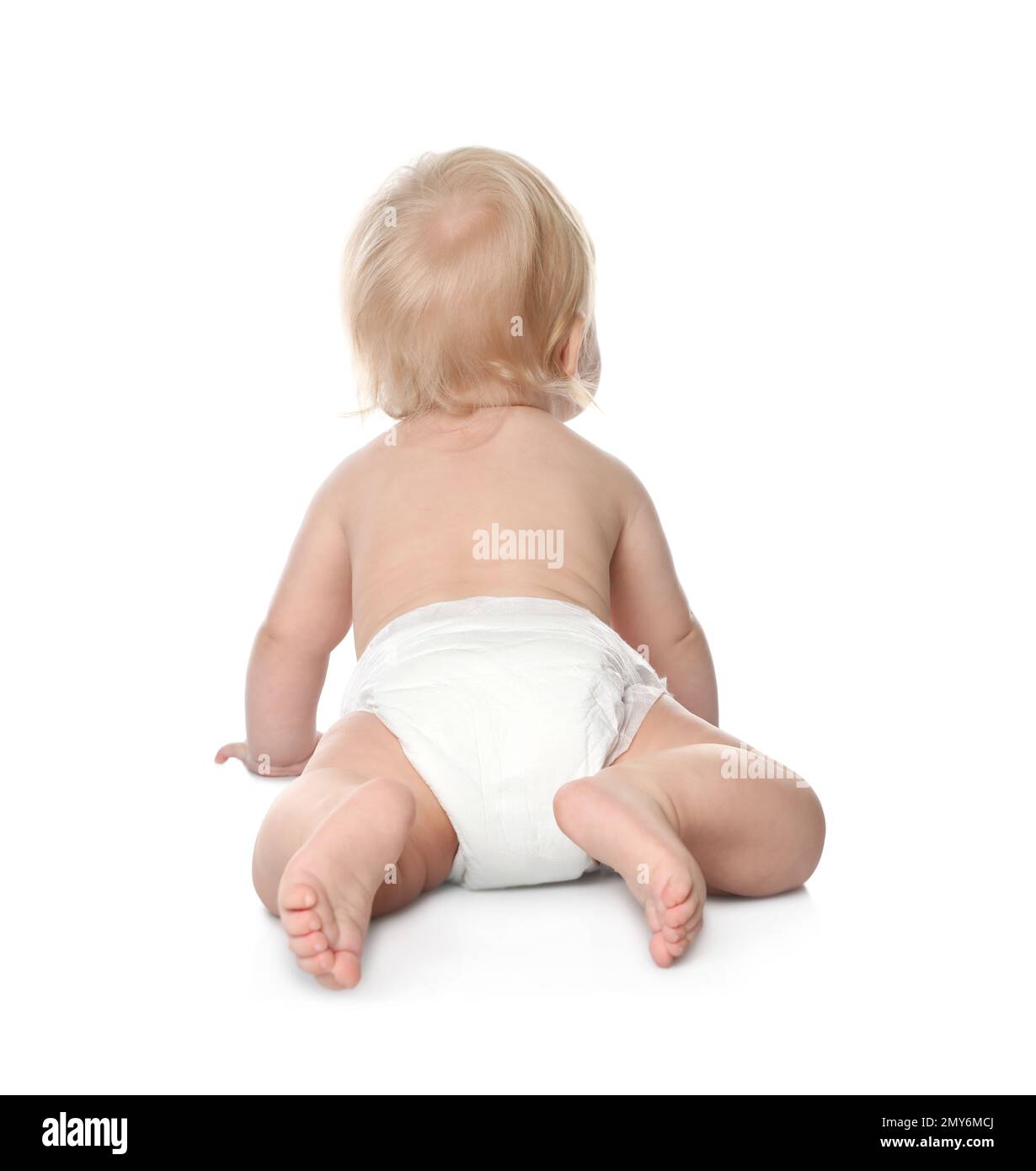 Little baby in diaper on white background, back view Stock Photo - Alamy