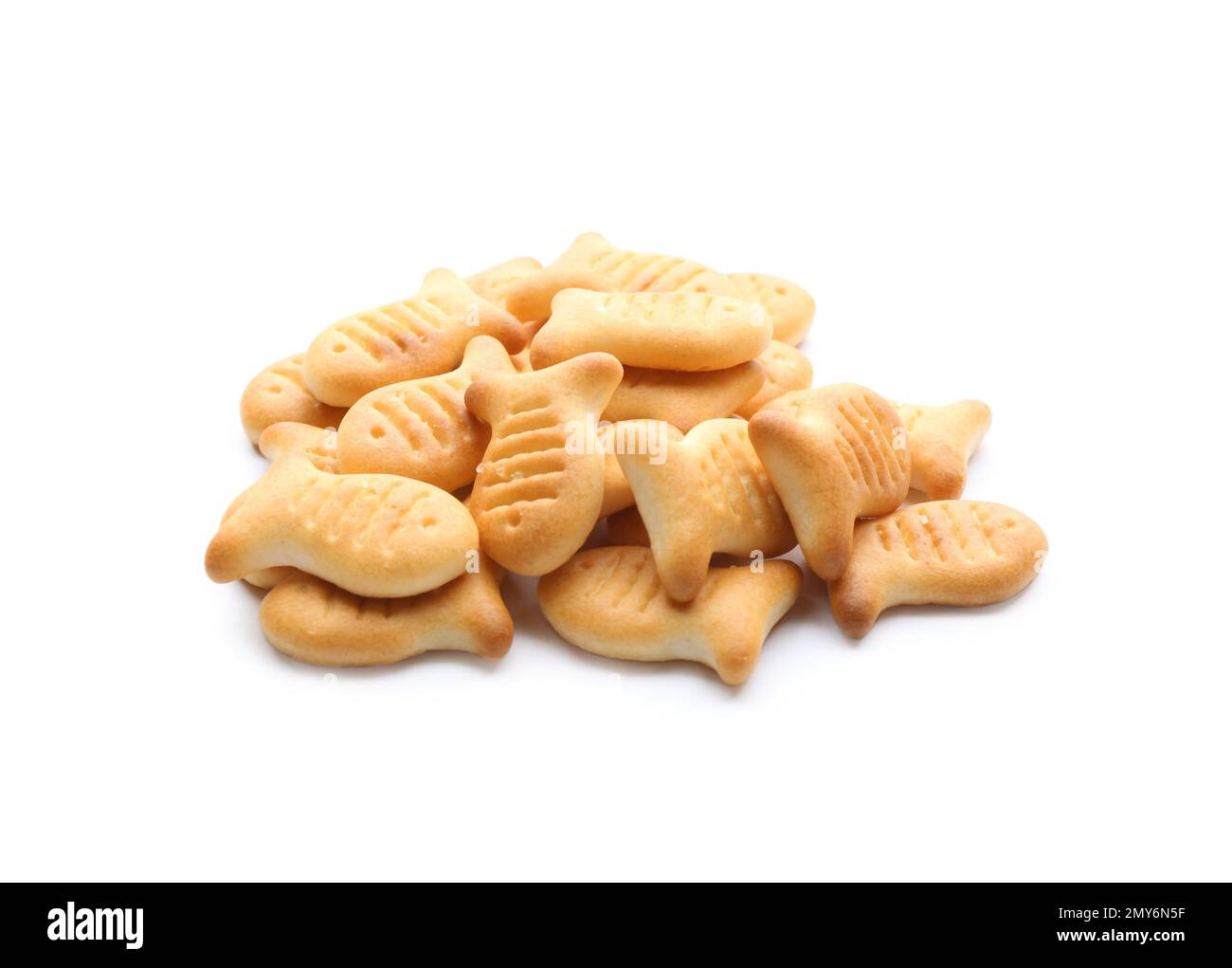 Delicious crispy goldfish crackers on white background Stock Photo - Alamy