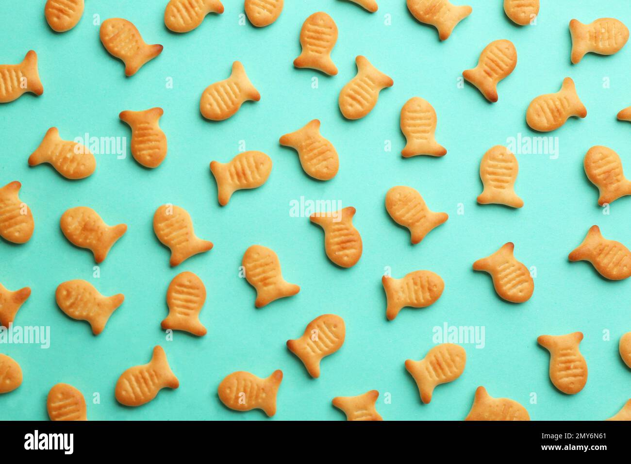 Delicious goldfish crackers on turquoise background, flat lay Stock ...