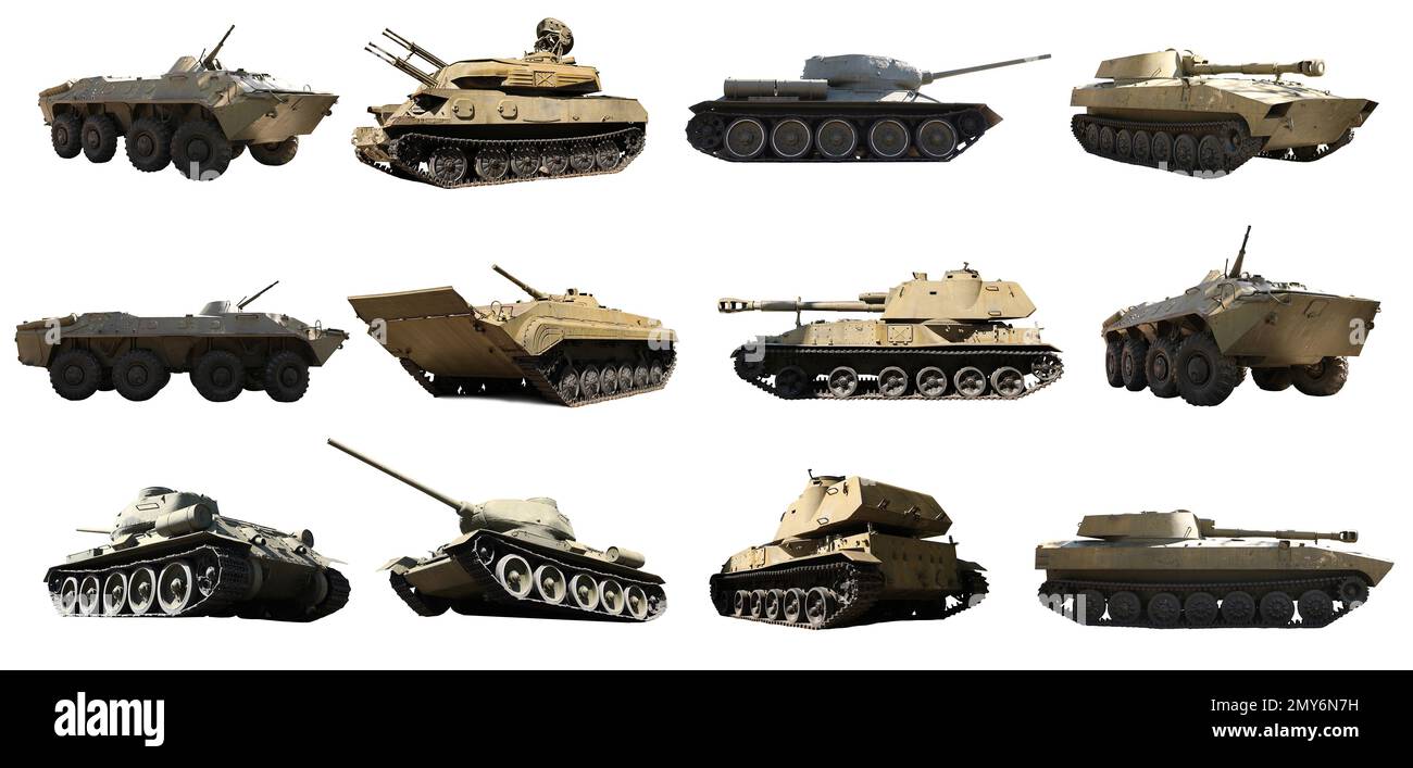 Set of different military machinery on white background. Banner design ...