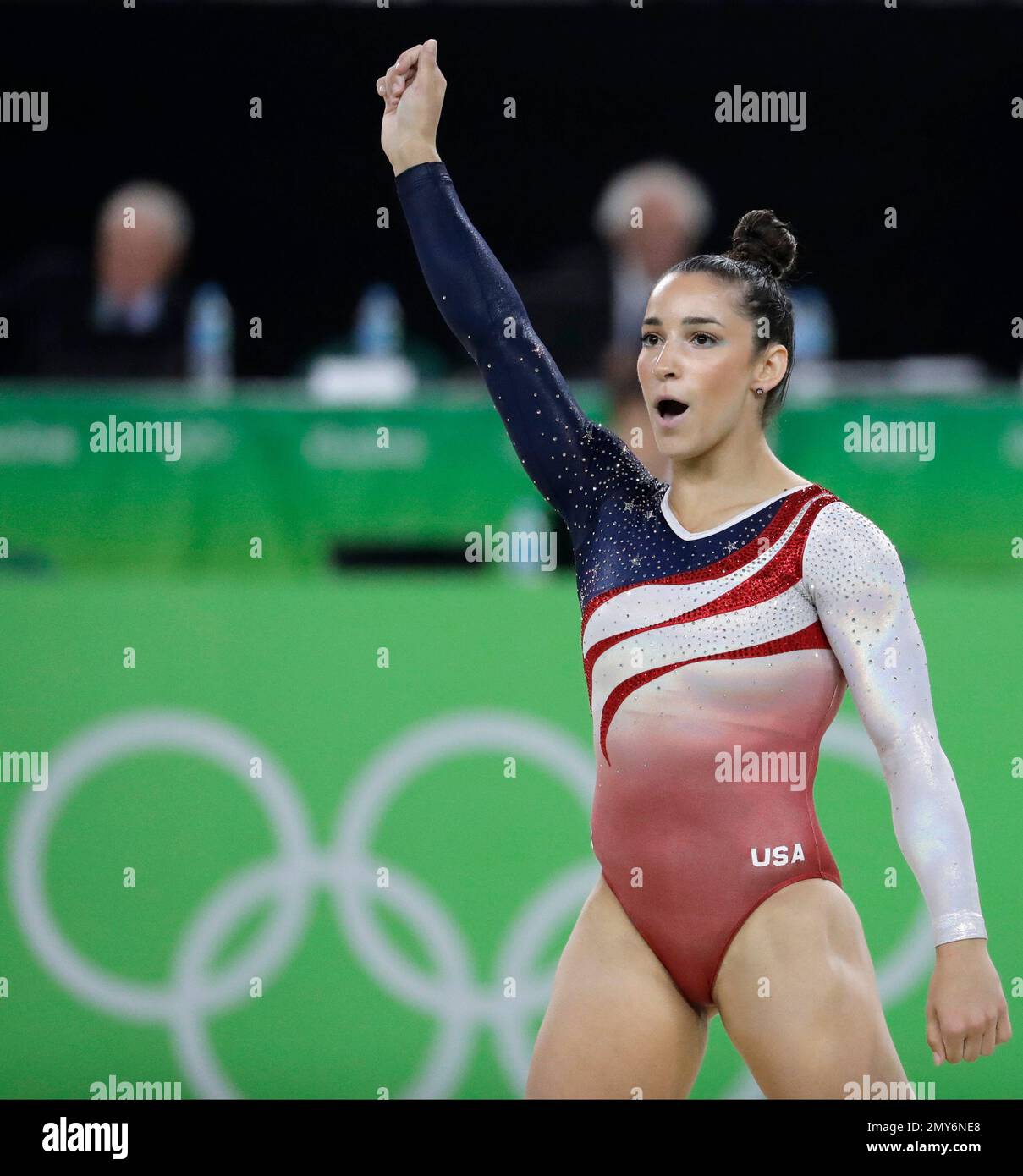United States' Aly Raisman celebrates after her performance on the ...