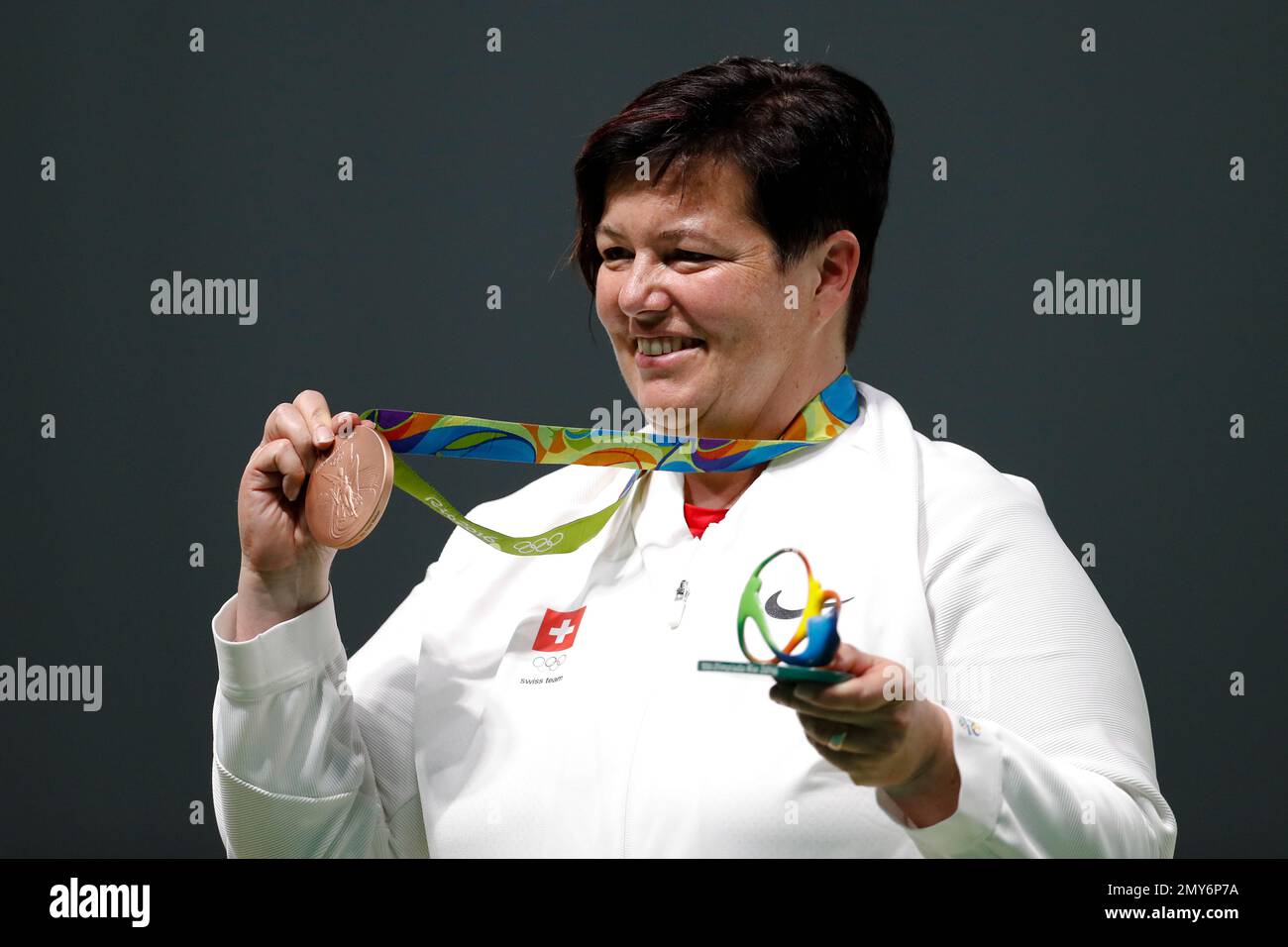 Bronze medal winner, Heidi Diethelm Gerber of Switzerland displays her ...