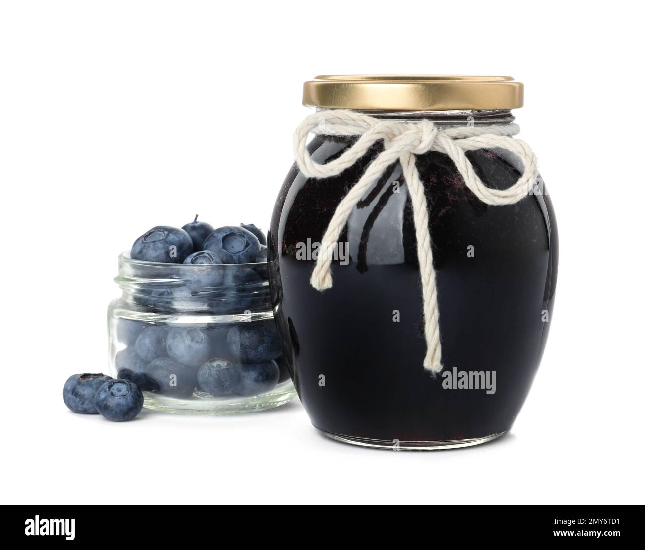 Jar of blueberry jam and fresh berries on white background Stock Photo ...