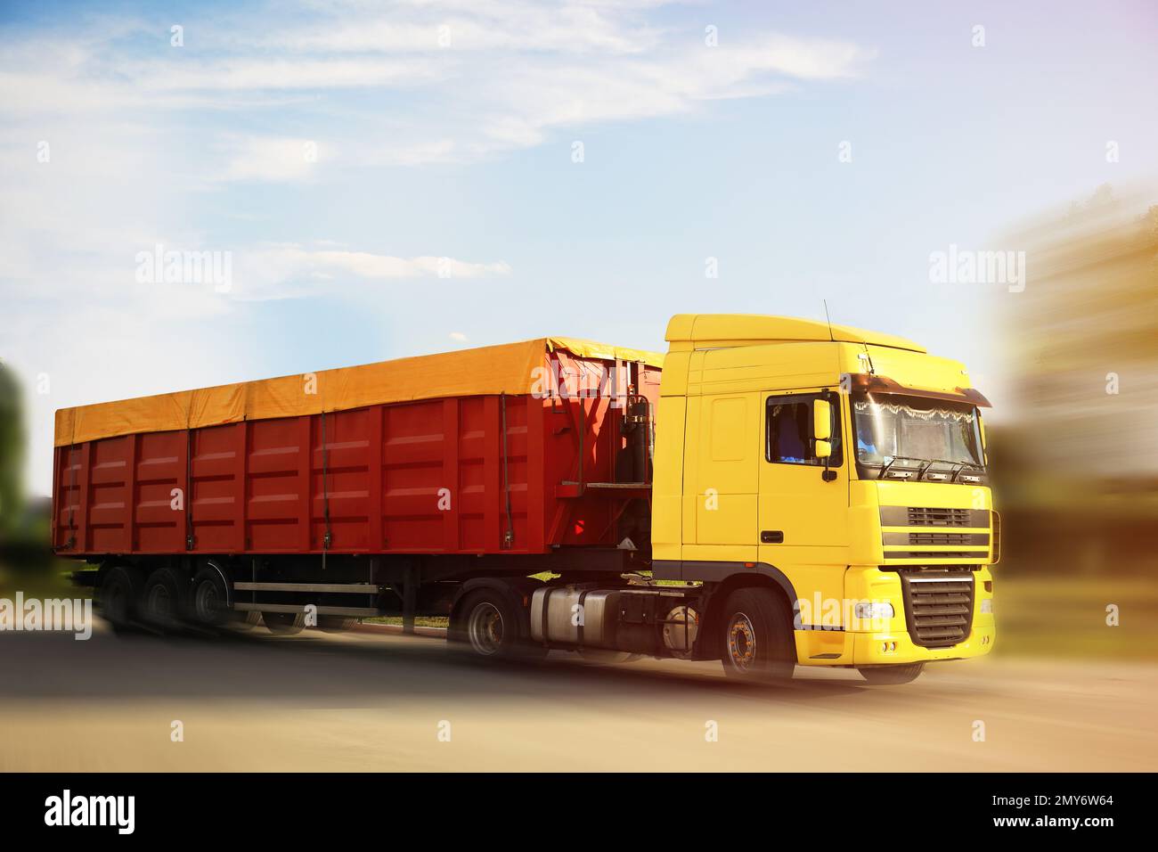 Logistics concept. Truck on country road, motion blur effect Stock ...