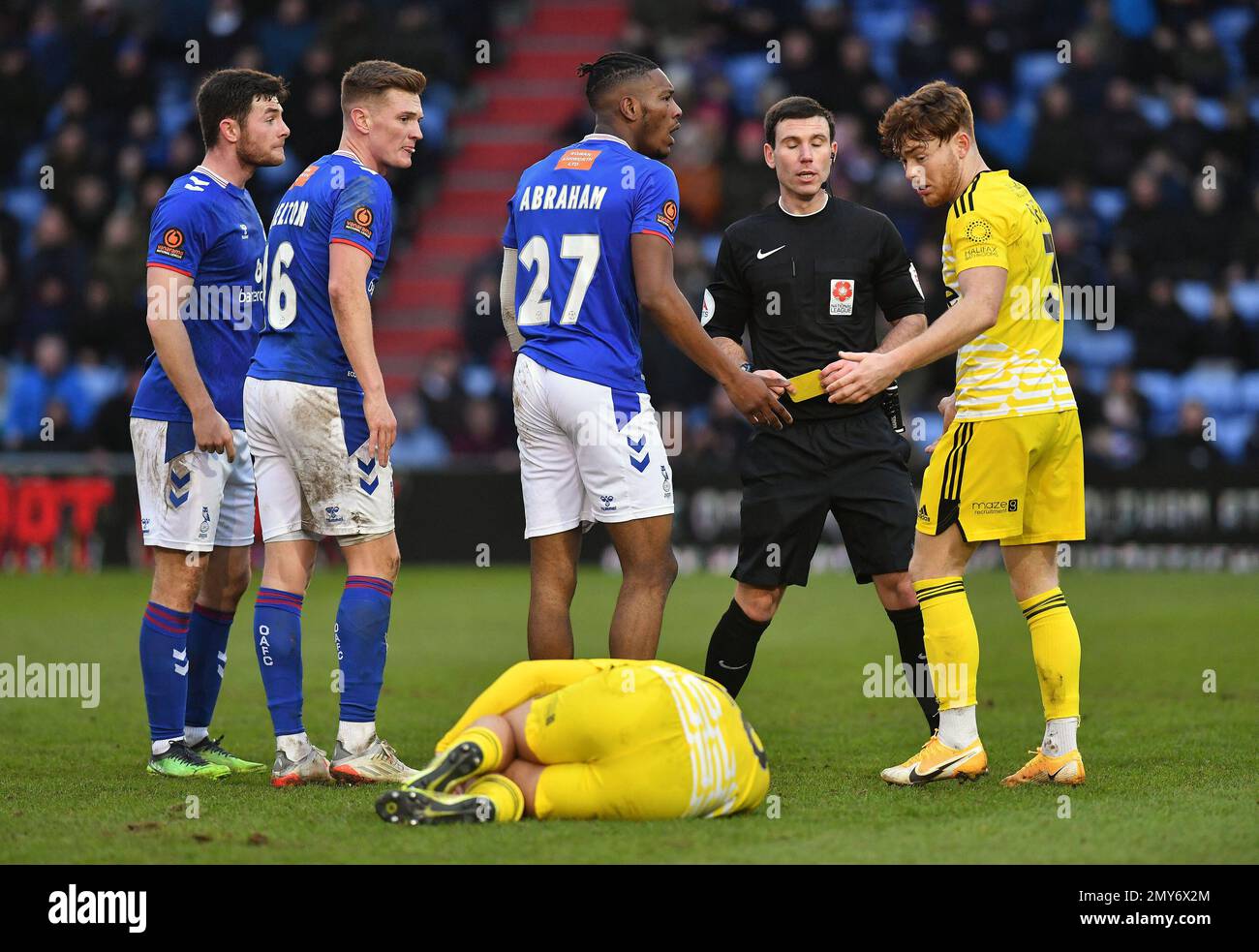 Oldham, UK. 04th Feb, 2023. Timmy Abraham of Oldham Athletic Association Football Club is booked ...