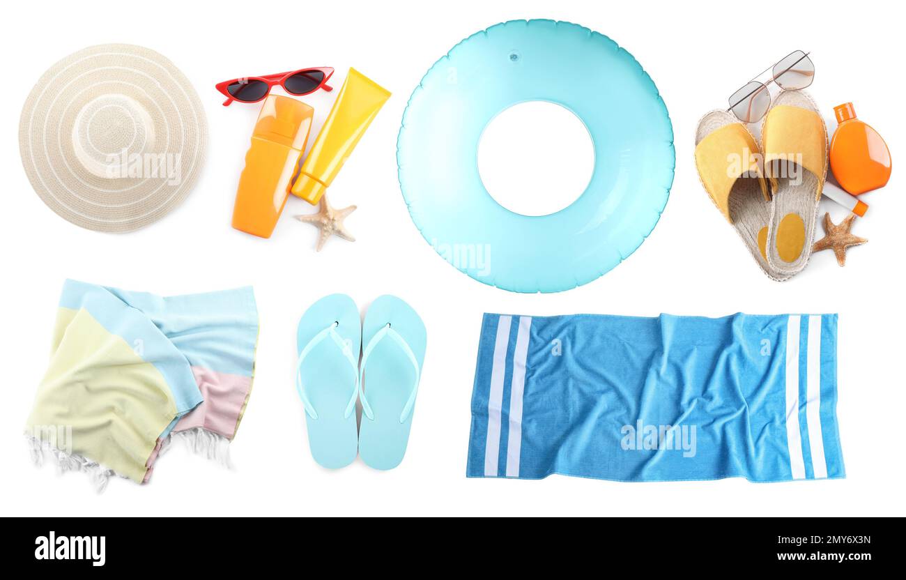 Set of beach objects on white background, top view. Banner design Stock ...