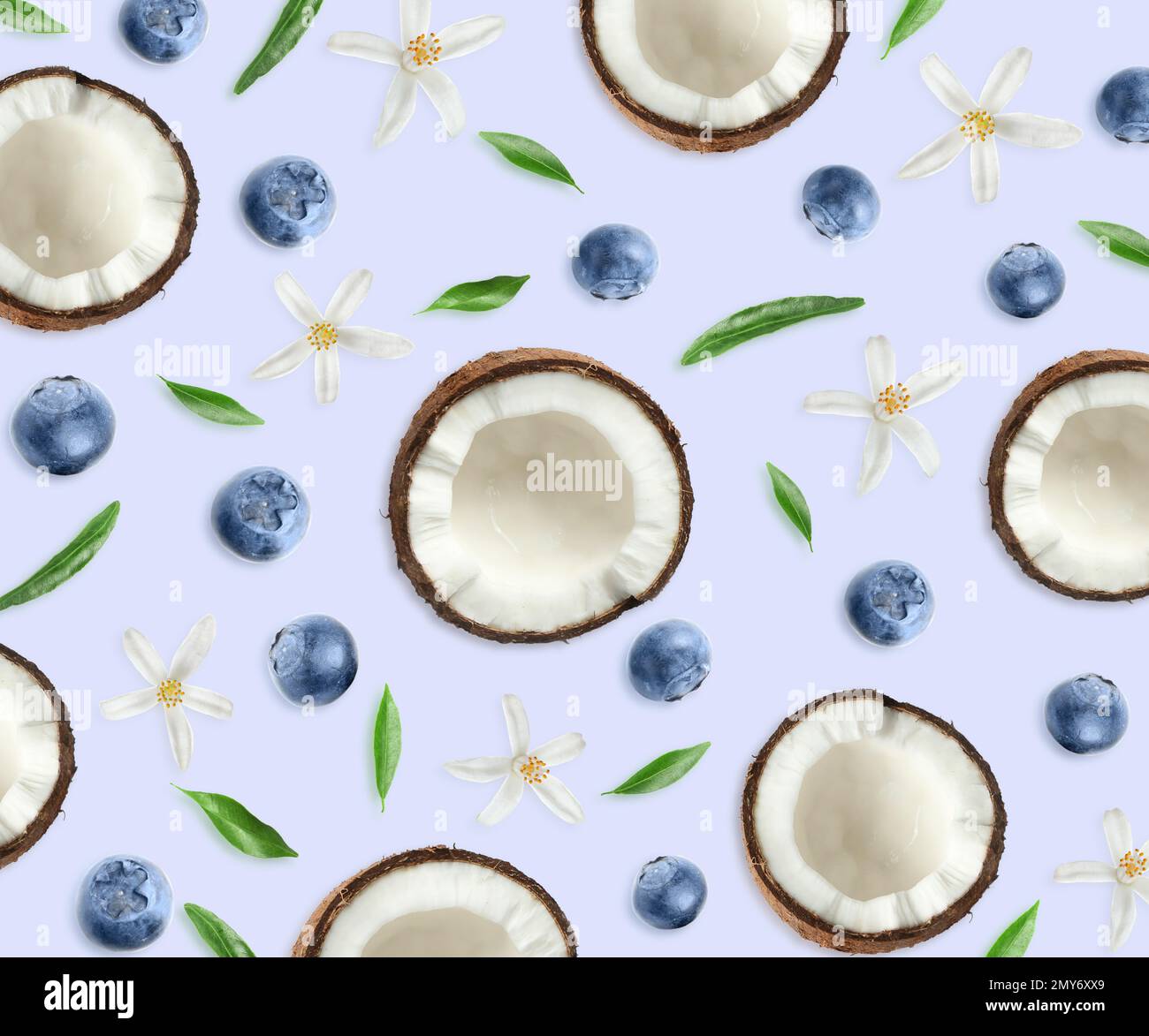 Tropical layout with fresh coconut and vanilla flowers on pale lavender ...