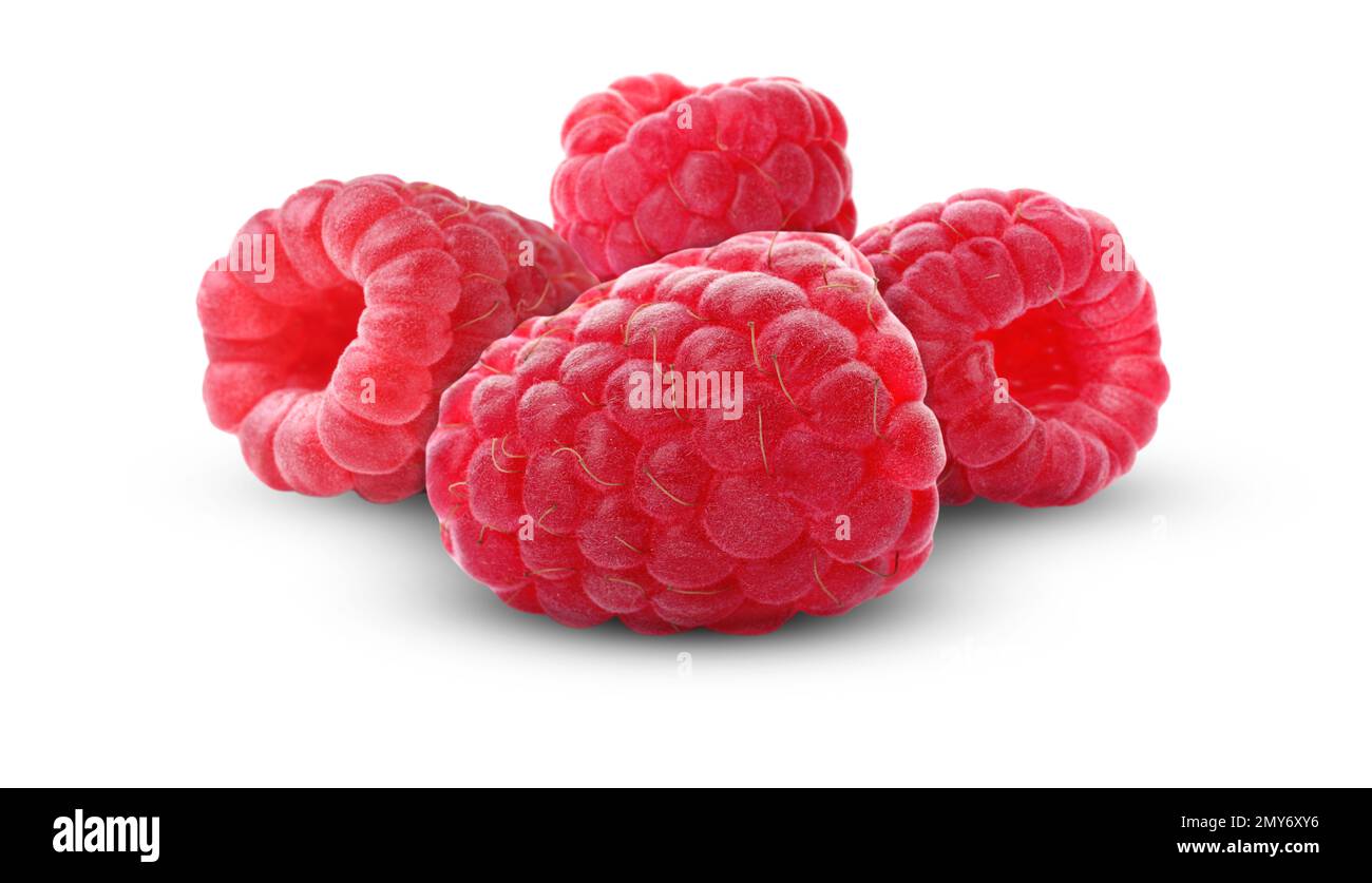 Four fresh ripe raspberries on white background Stock Photo - Alamy