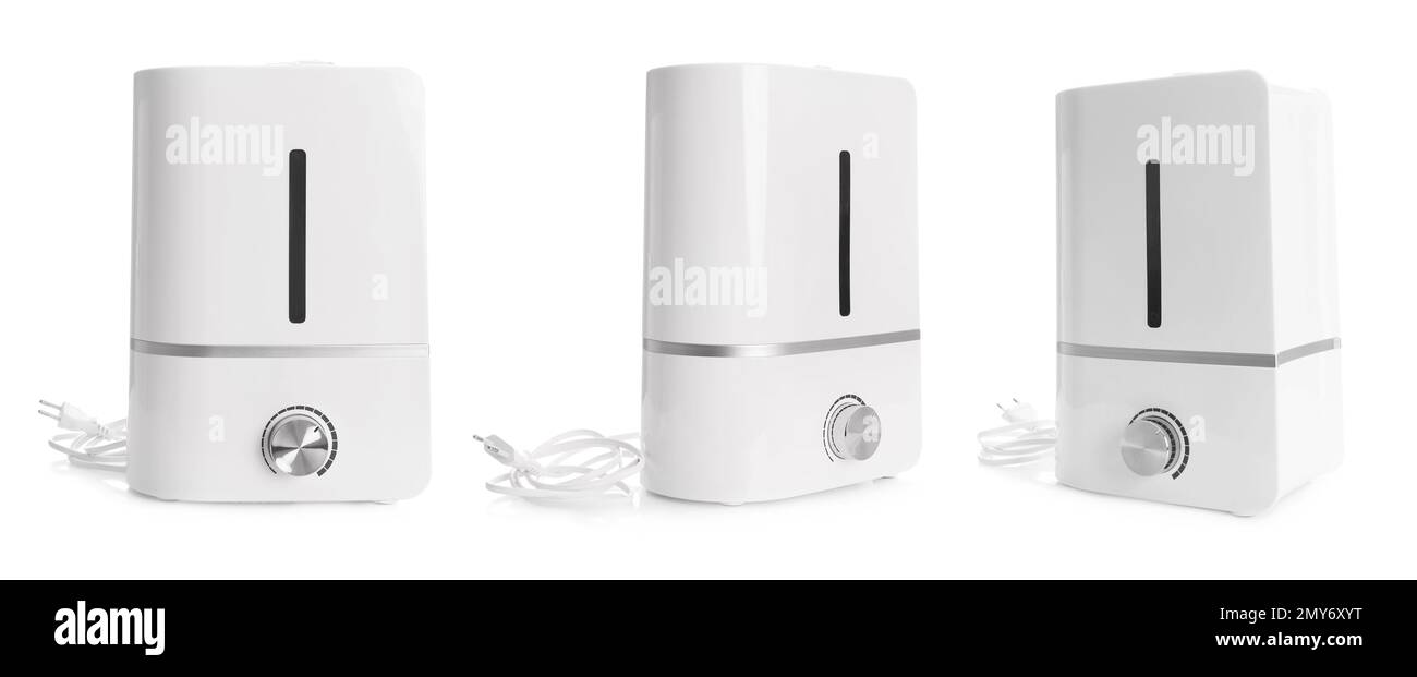 Collage with modern air humidifier on white background, view from ...