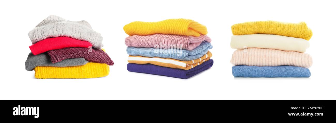 Set of folded and stacked sweaters on white background. Banner design ...