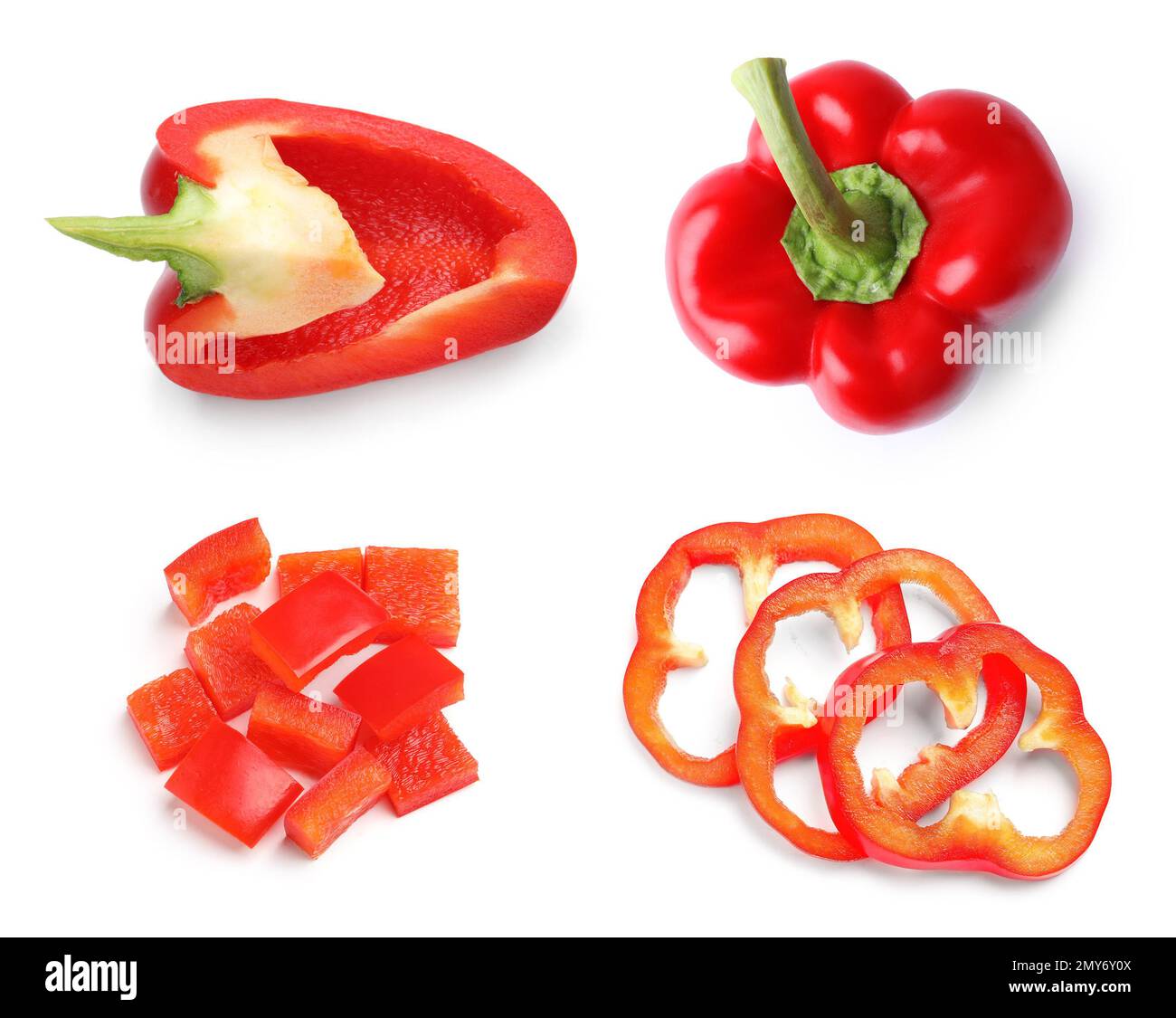 Collage with red bell peppers on white background, top view Stock Photo ...