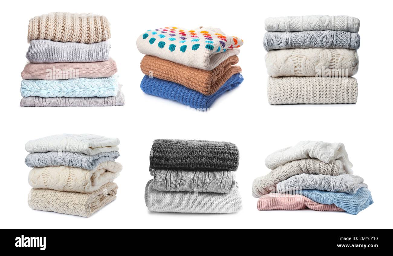 Set of folded and stacked sweaters on white background Stock Photo - Alamy
