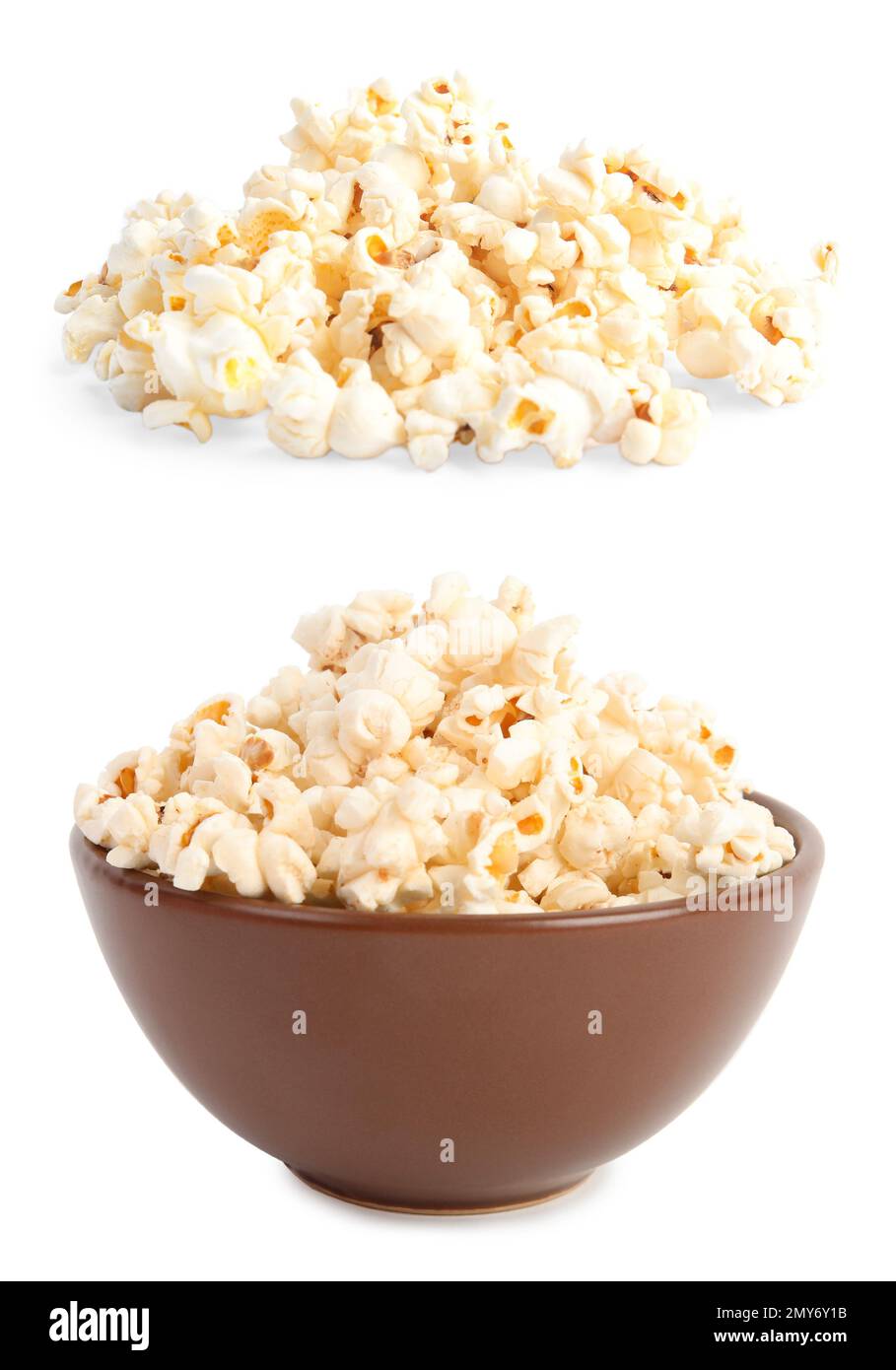 Collage with tasty popcorn on white background Stock Photo - Alamy