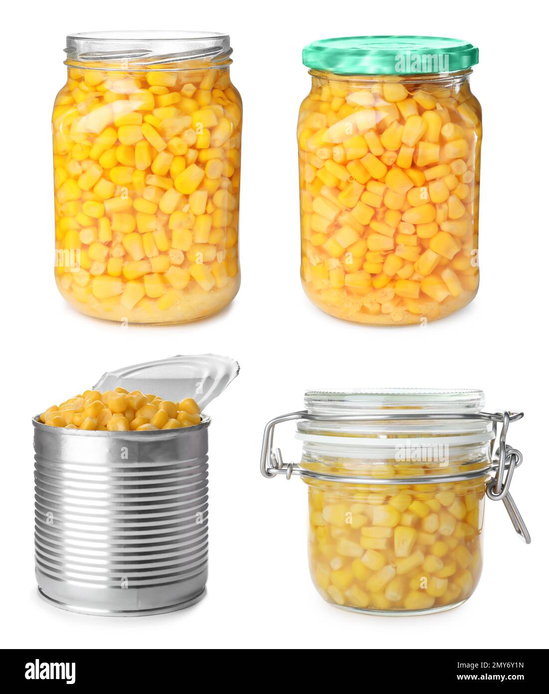 Set with delicious canned corn on white background Stock Photo - Alamy