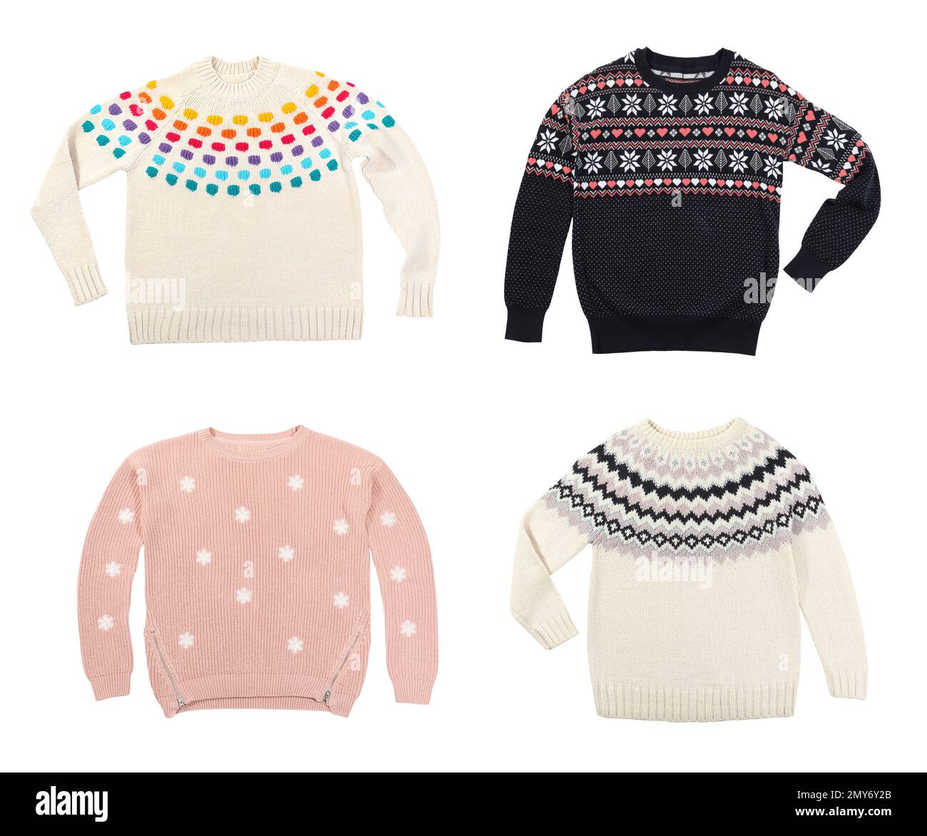 Set of stylish sweaters on white background Stock Photo - Alamy