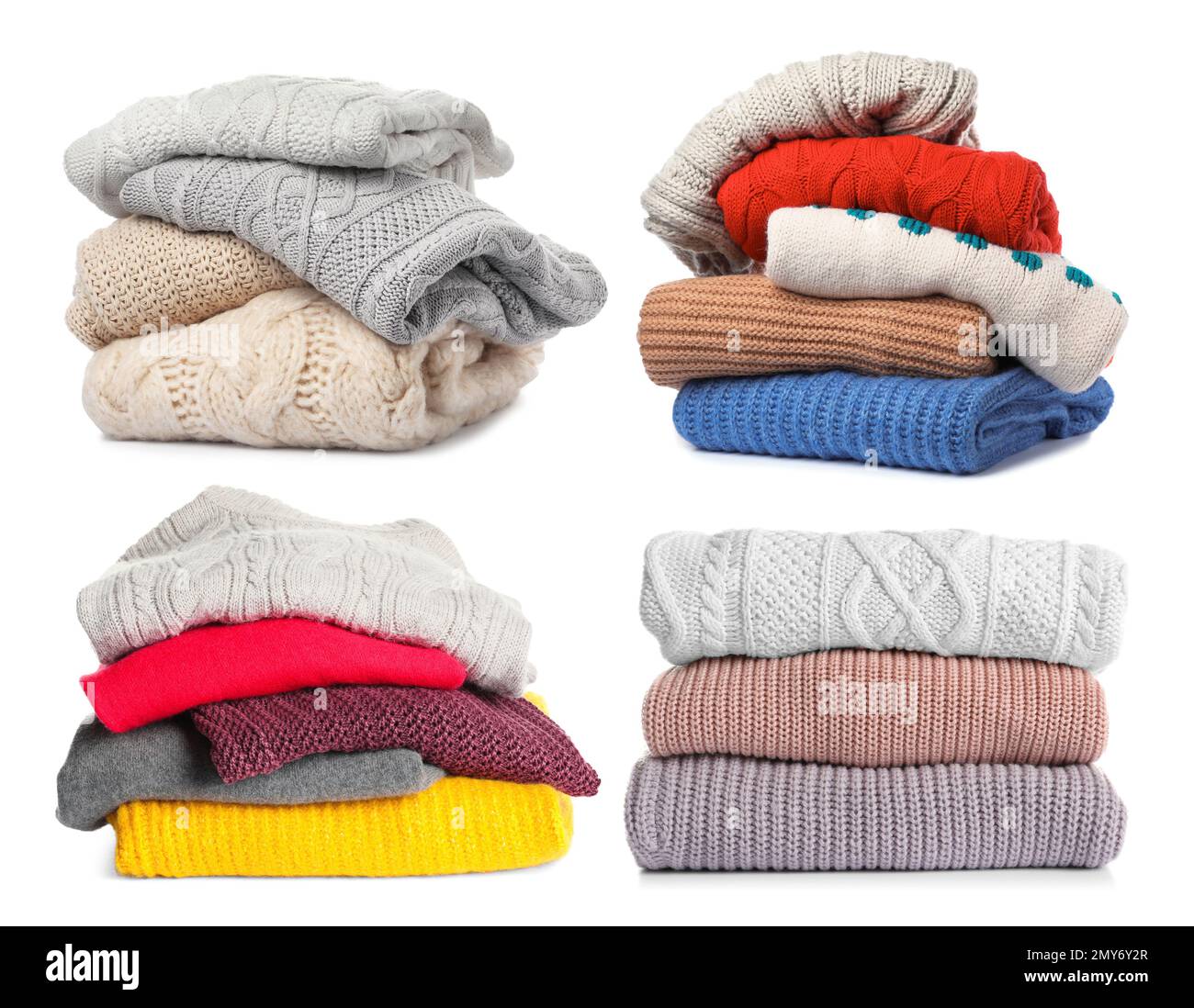 Set of folded and stacked sweaters on white background Stock Photo - Alamy