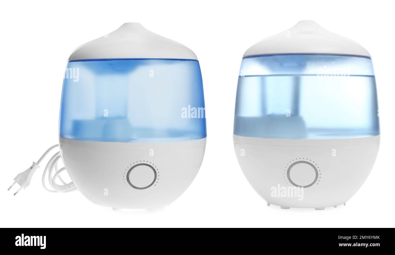 Collage with modern humidifier on white background, view from different ...