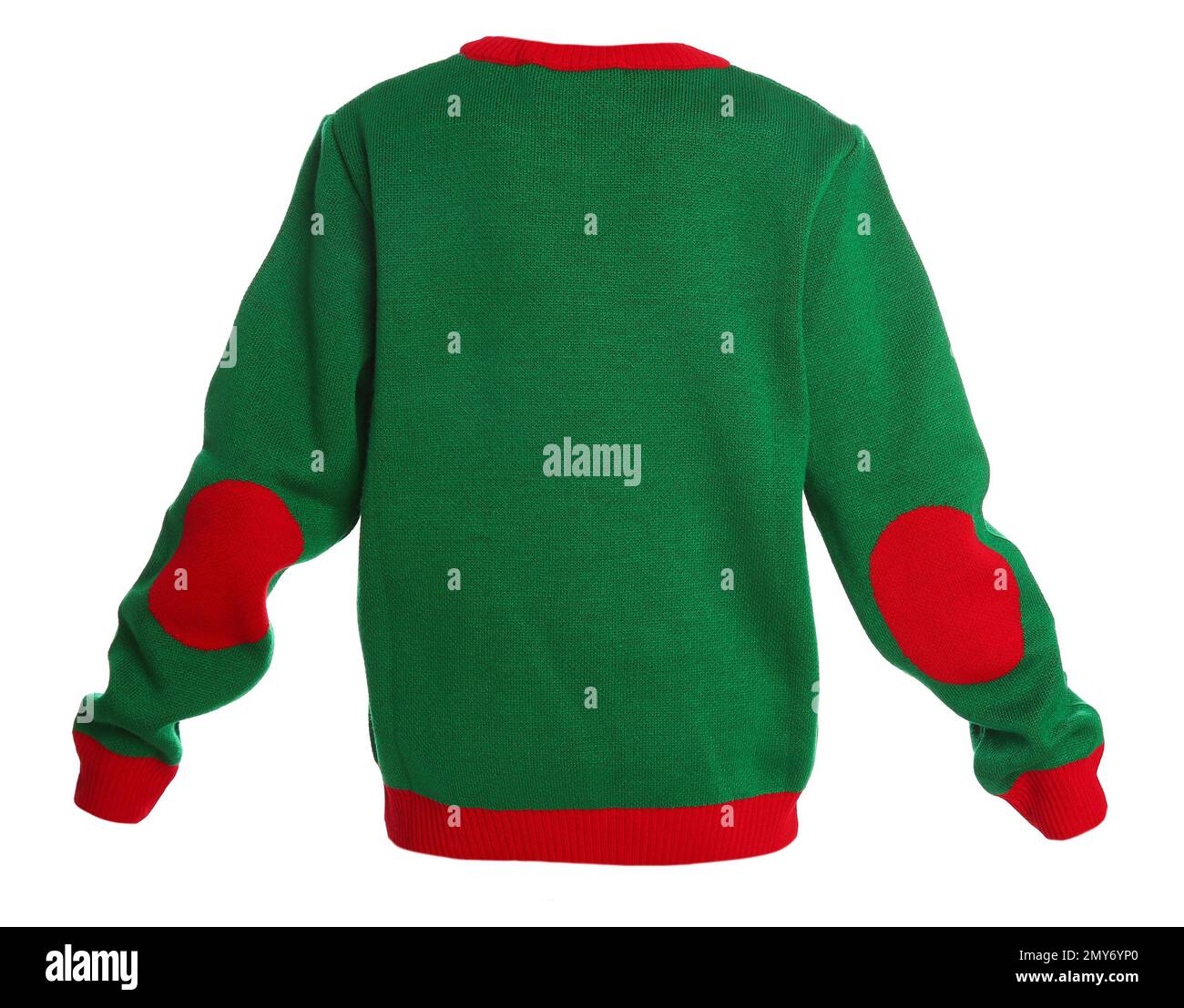 Warm green Christmas sweater on white background, back side Stock Photo ...