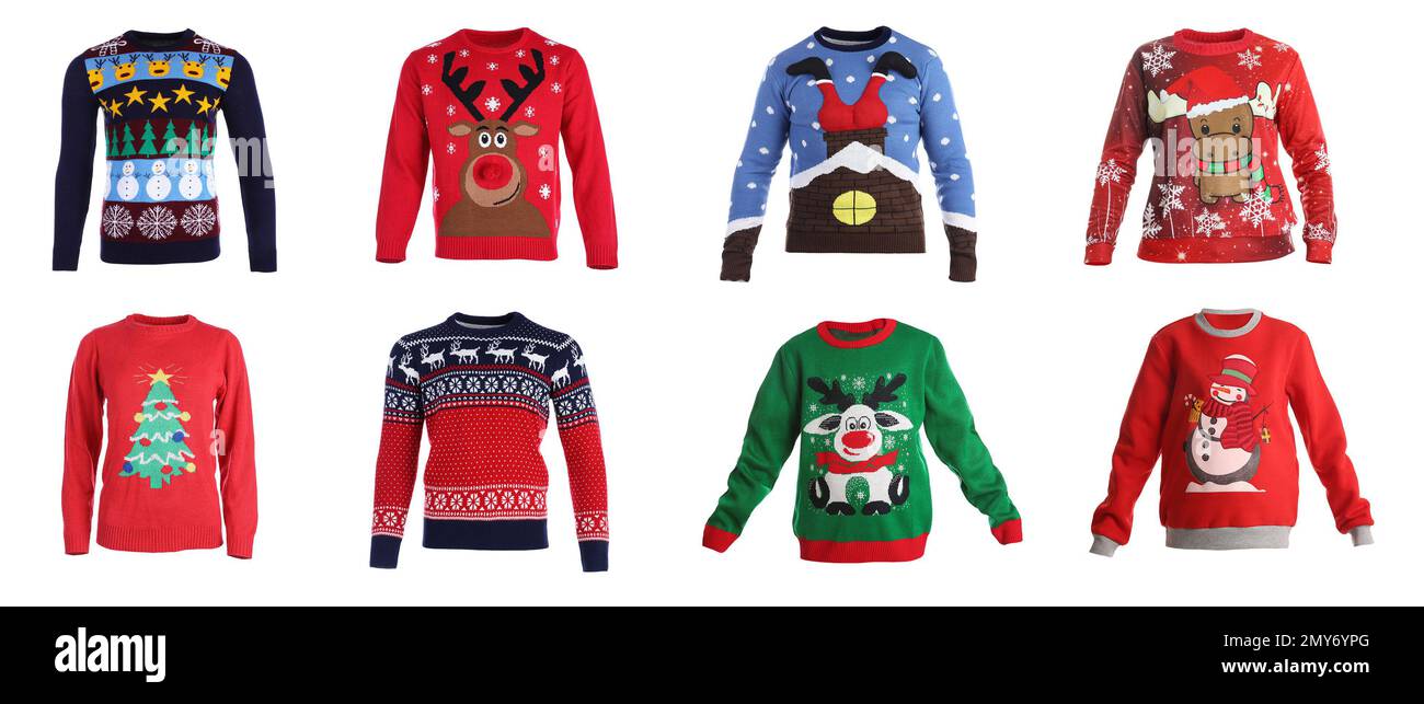 Set of warm Christmas sweaters on white background. Banner design Stock ...