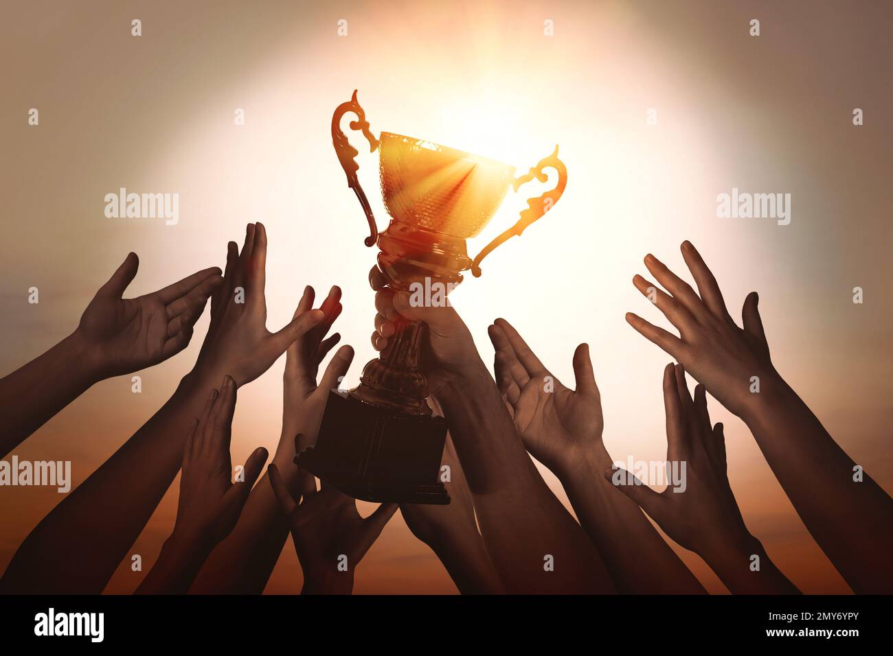 Winning team with gold trophy cup against shining sun in sky Stock ...