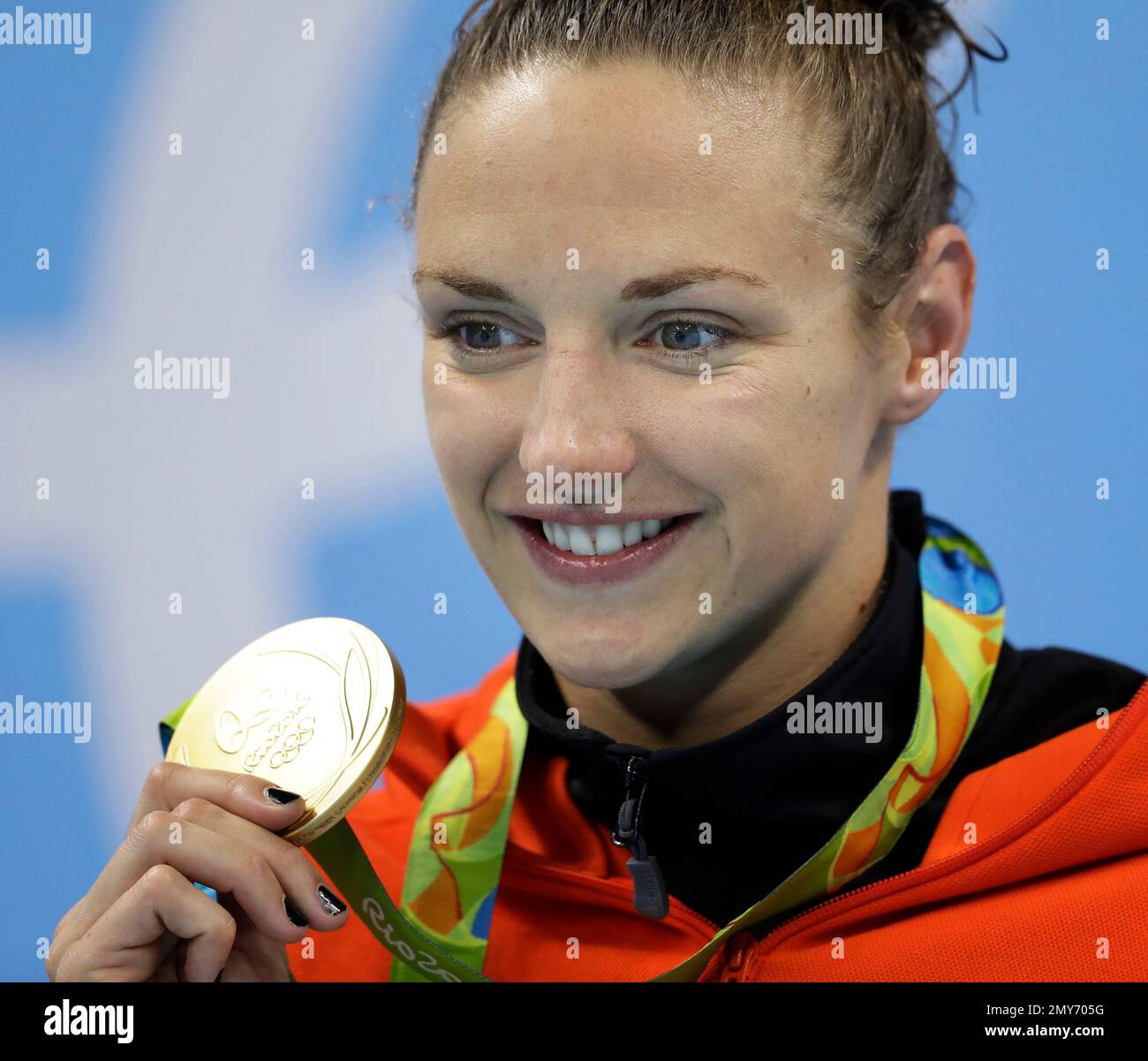 Hungary's Katinka Hosszu shows off her gold medal during the ceremony ...
