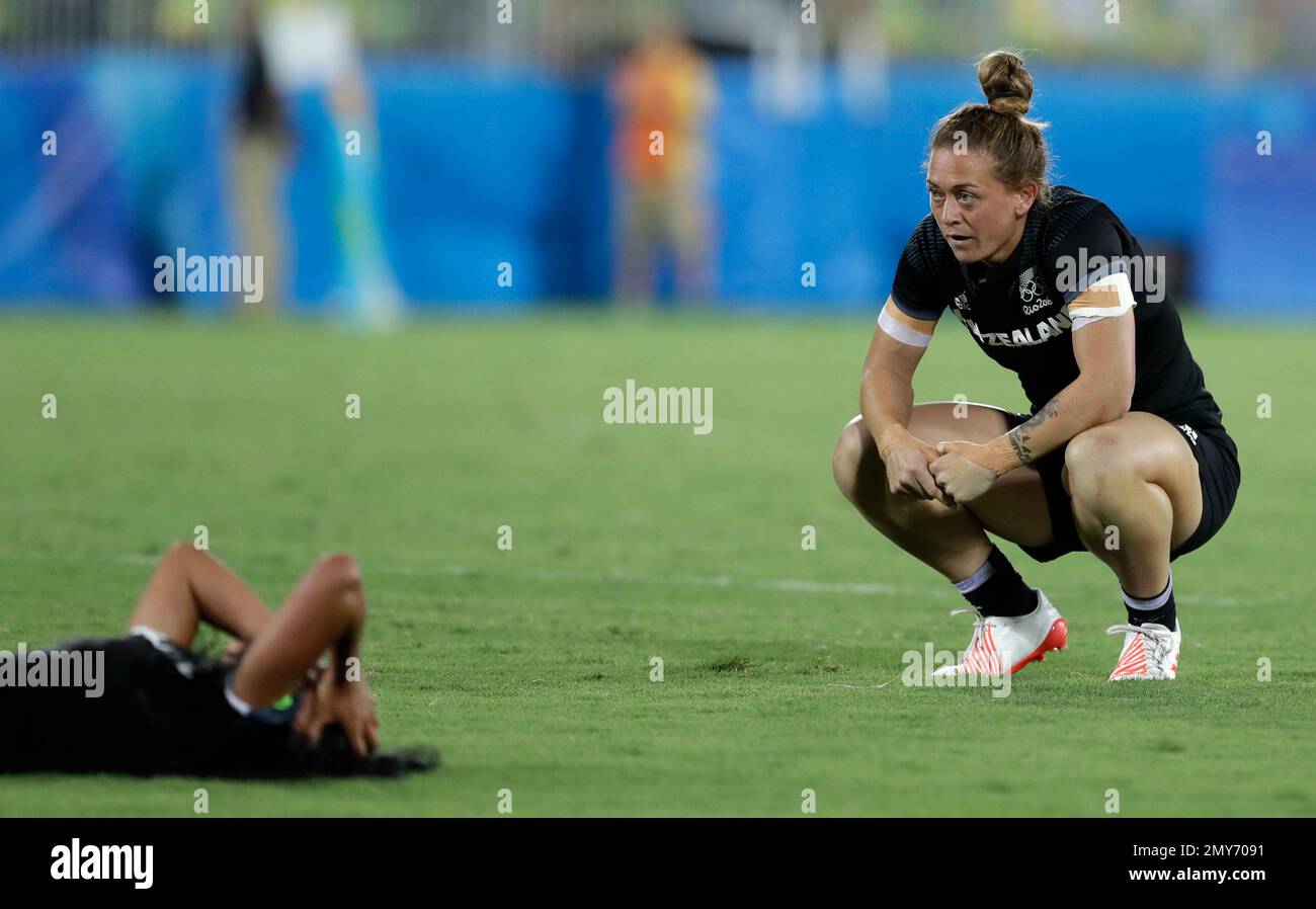 New Zealand's Kayla McAlister, looks on after loosing the women's rugby ...