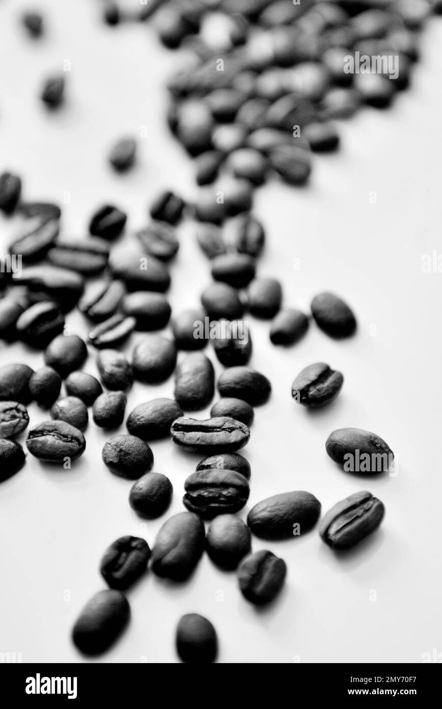A vertical grayscale of coffee beans scattered on a white surface Stock ...