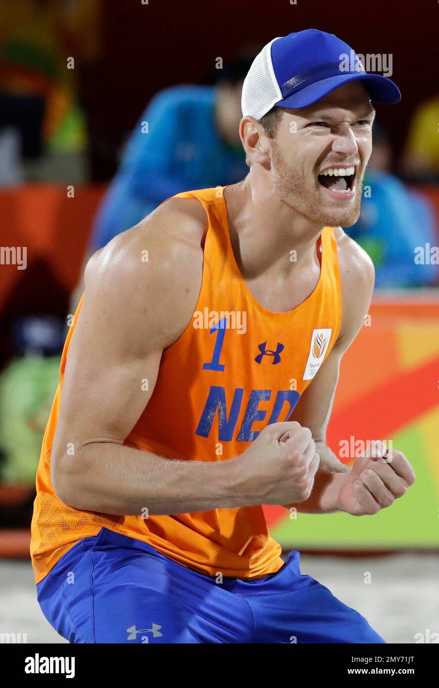 Netherland's Alexander Brouwer celebrates a point over Germay during a ...