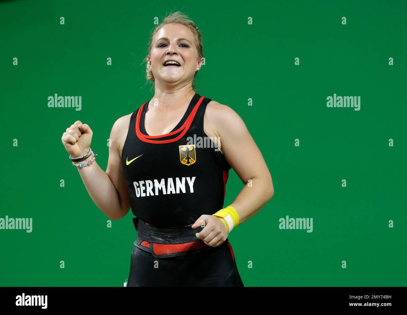 Sabine Kusterer, of Germany, celebrates after a lift in the women's ...